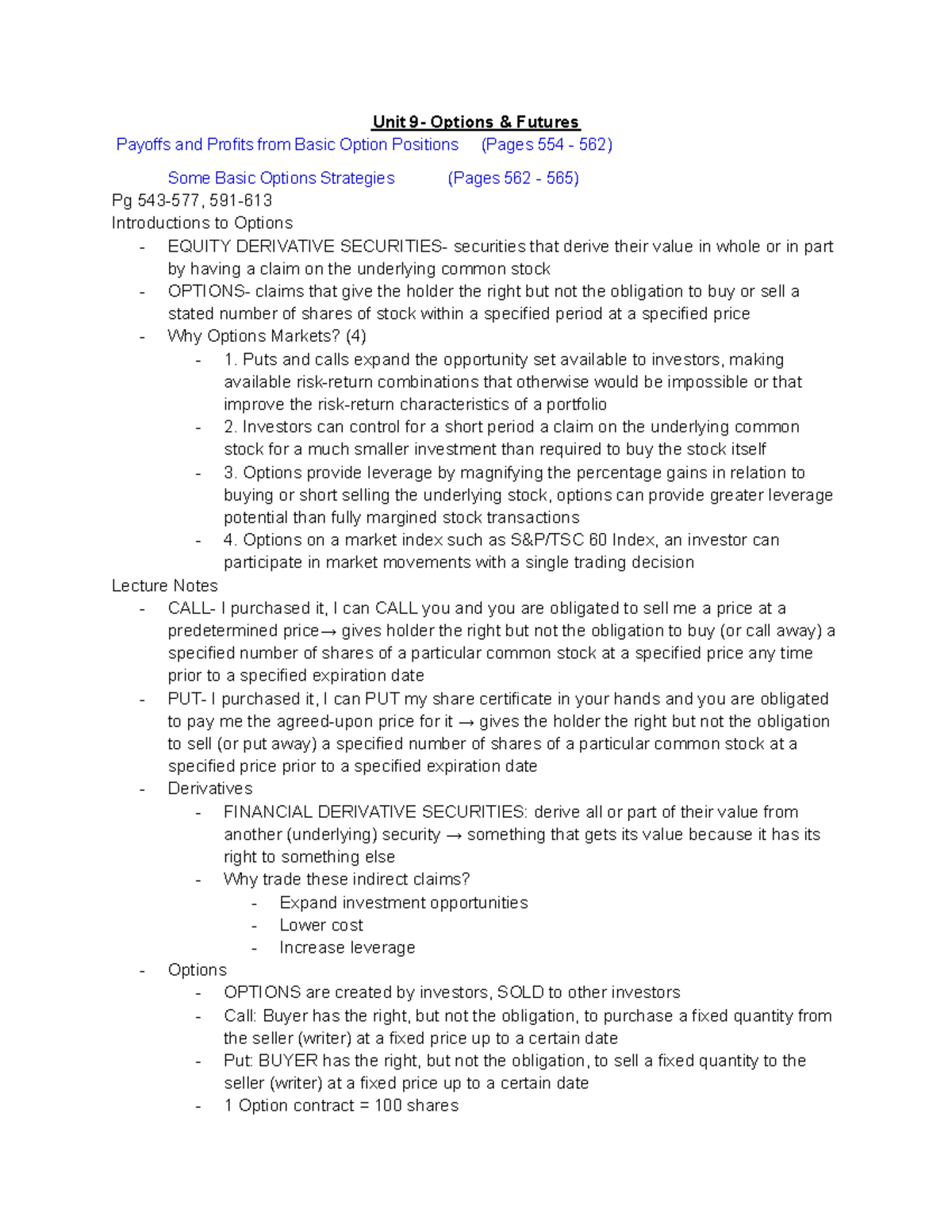 Unit 9- Options & Futures ) - Unit 9- Options & Futures Payoffs and ...