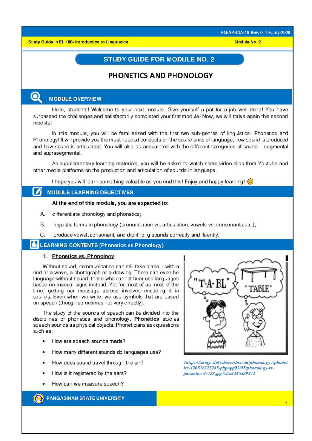 EL 100 Study Guide 2 1 - Phonology vs. Phonetics - PANGASINAN STATE UNIVERSITY Study Guide in EL ...
