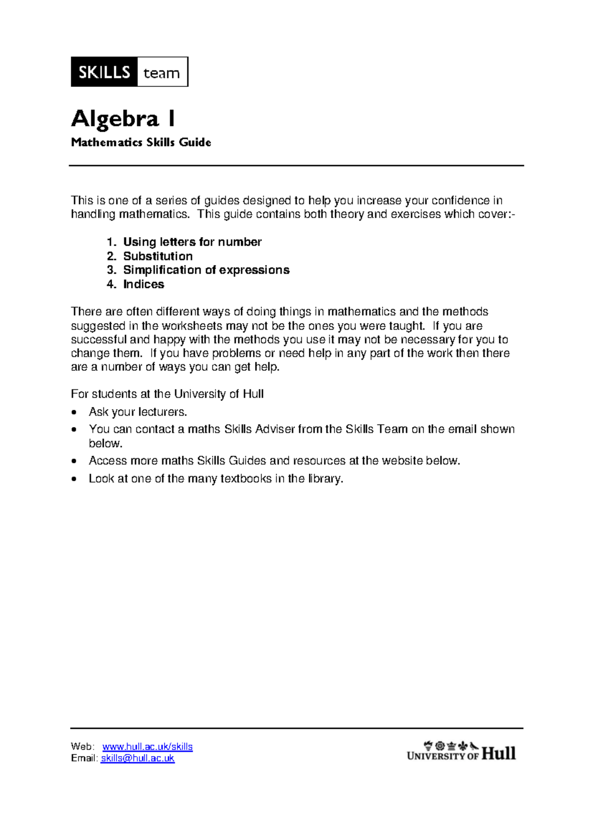 Algebra 1 - Jzjsjsjs - Algebra 1 Mathematics Skills Guide This is one ...