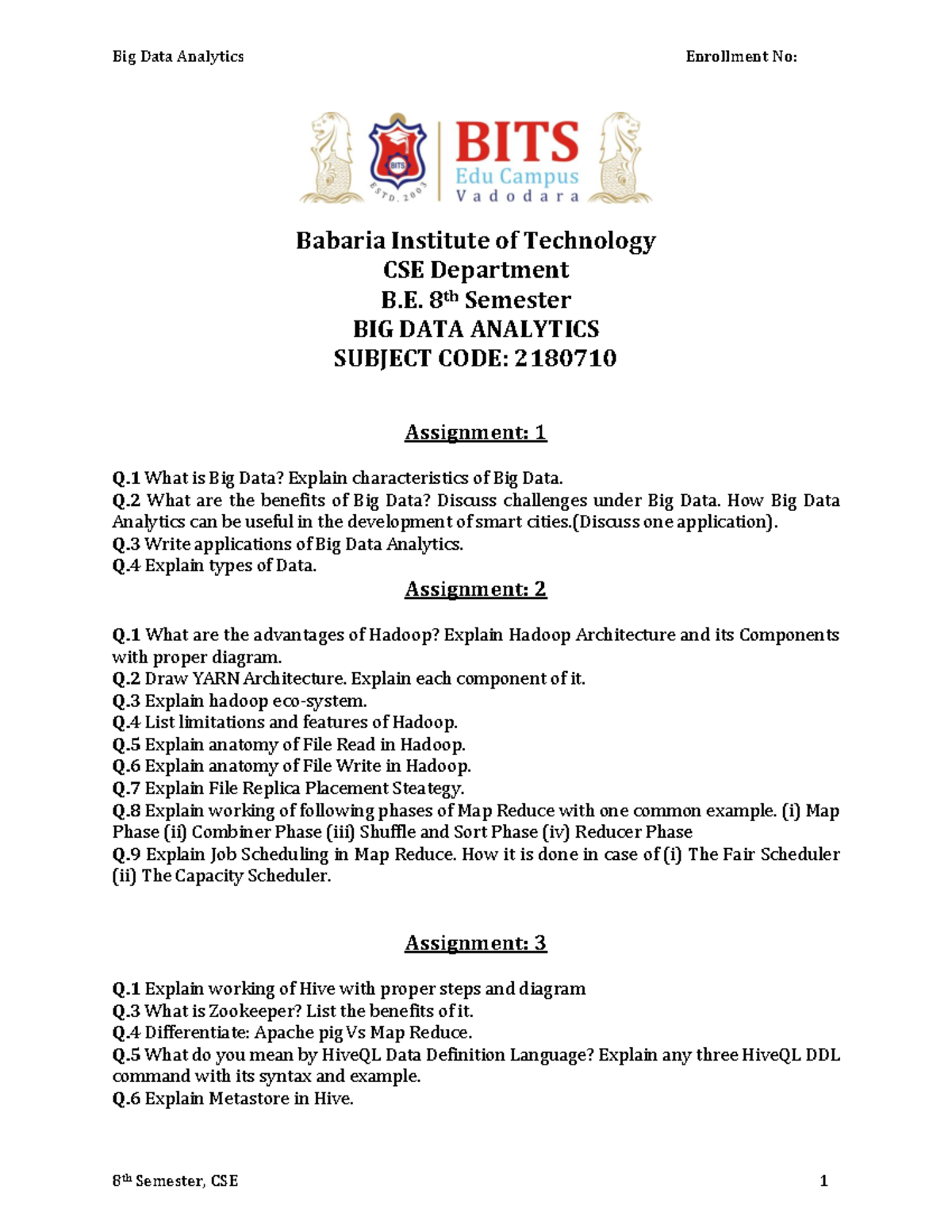 Assignment big-data-analytics - Big Data Analytics Enrollment No: 8 th ...