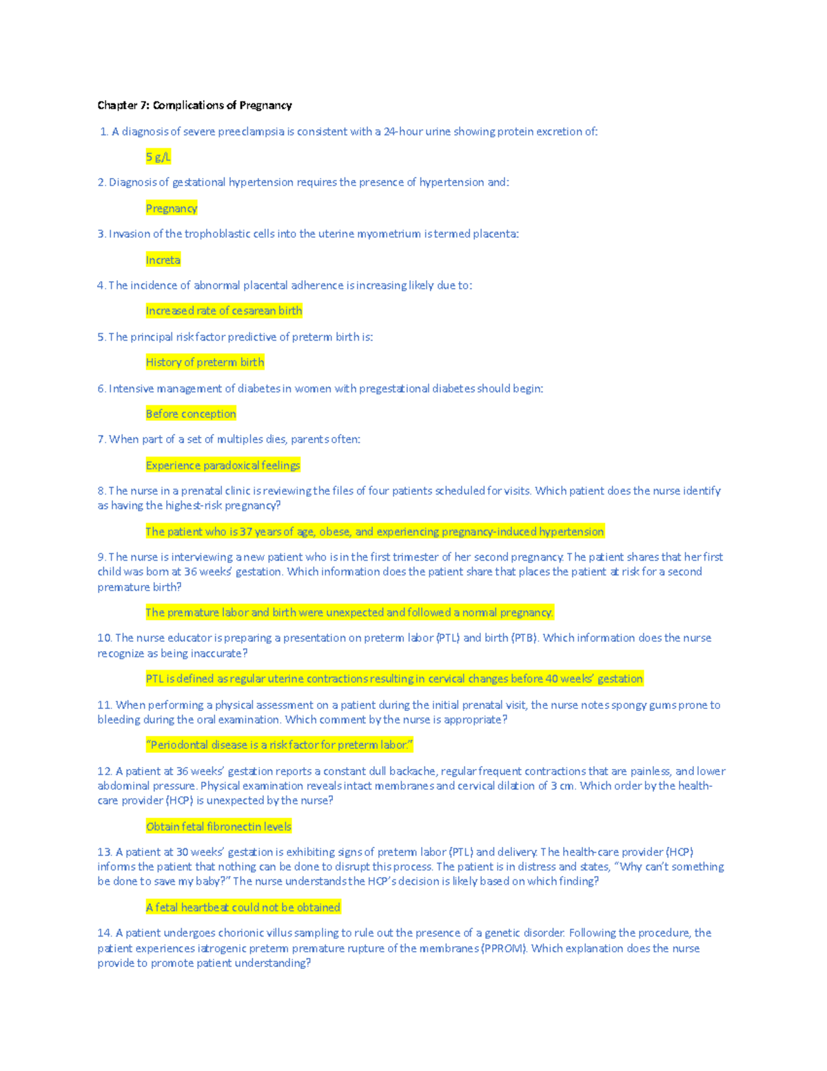 Maternal 2 study questions - Chapter 7: Complications of Pregnancy A ...