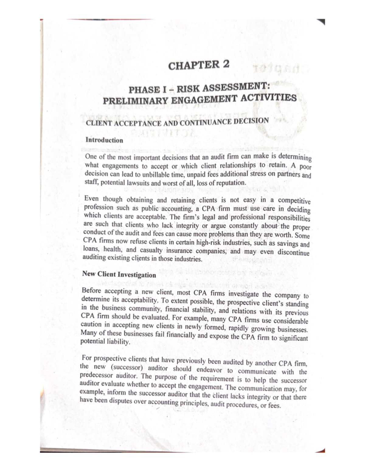 Chapter 2 - CHAPTER 2 PHASE I RISK ASSESSMENT: PRELIMINARY ENGAGEMENT ACTIVITIES CLIENT ...