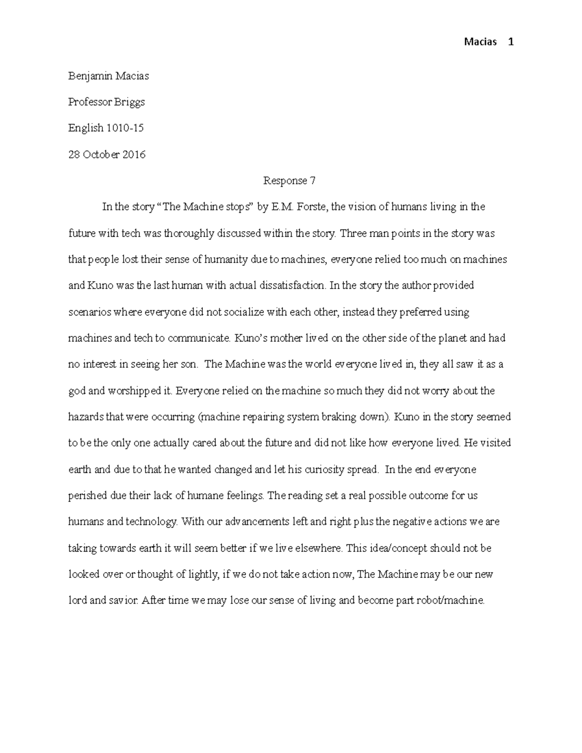 English 1010-15 Response 7 - Macias 1 Benjamin Macias Professor Briggs ...