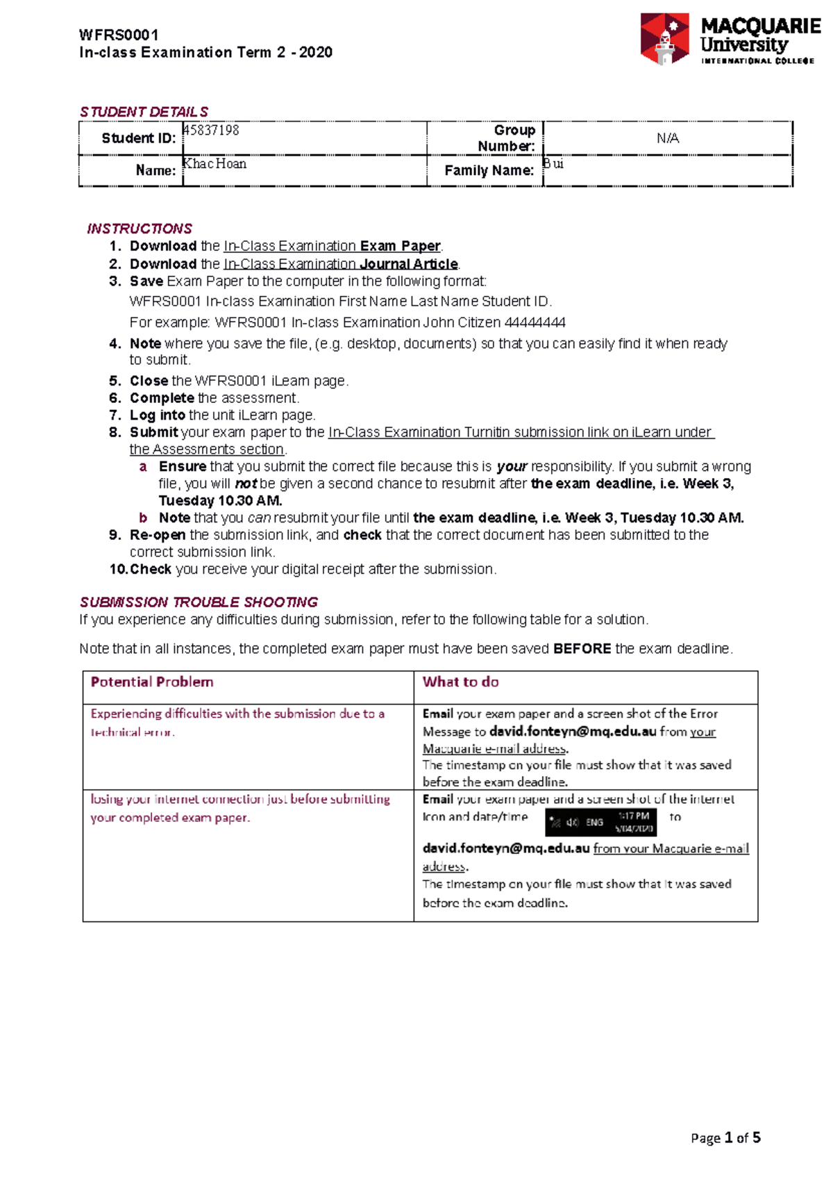 WFRS0001 In class Examination - In-class Examination Term 2 - 2020 ...