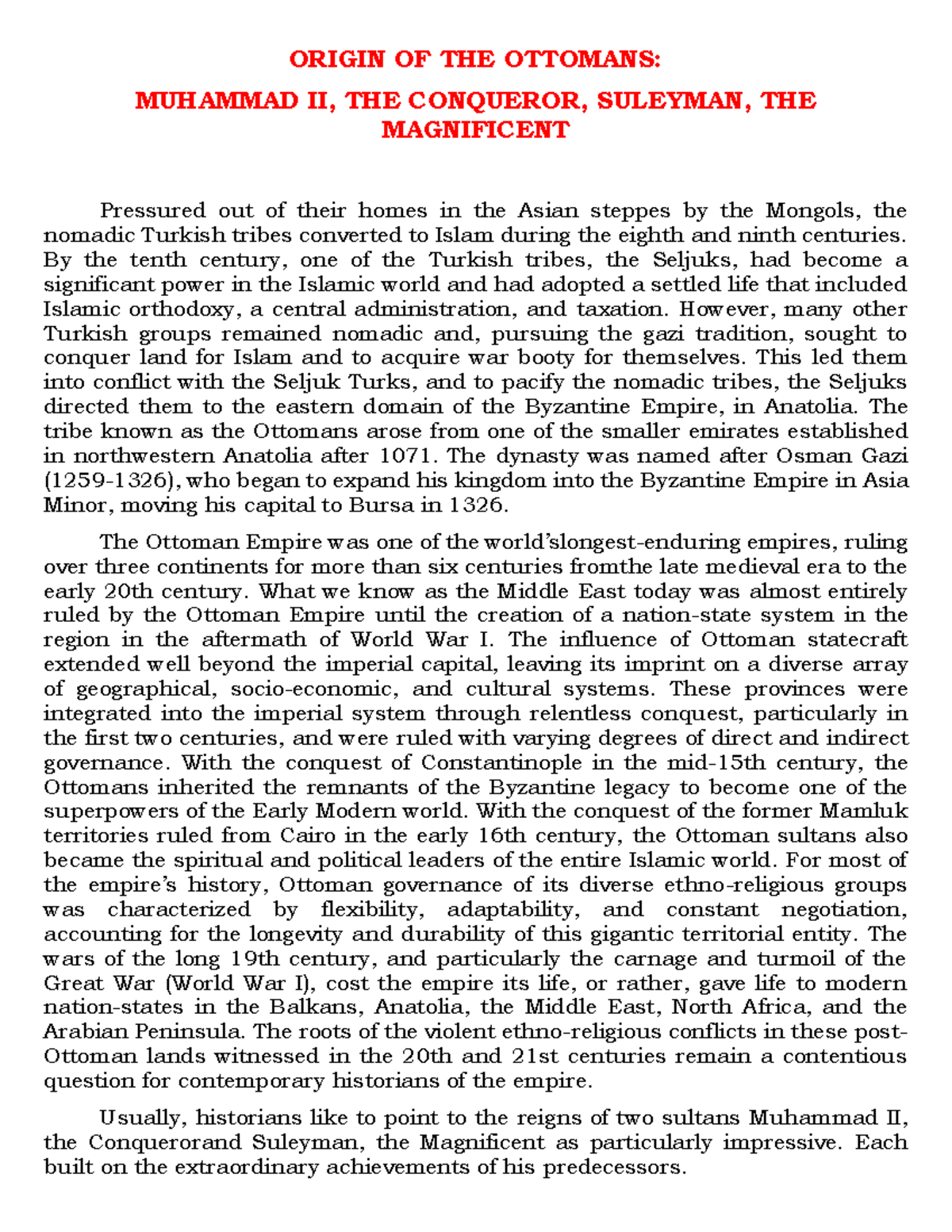 Origin OF THE Ottomans - Lecture notes 3 - History of Islam and Islamic ...