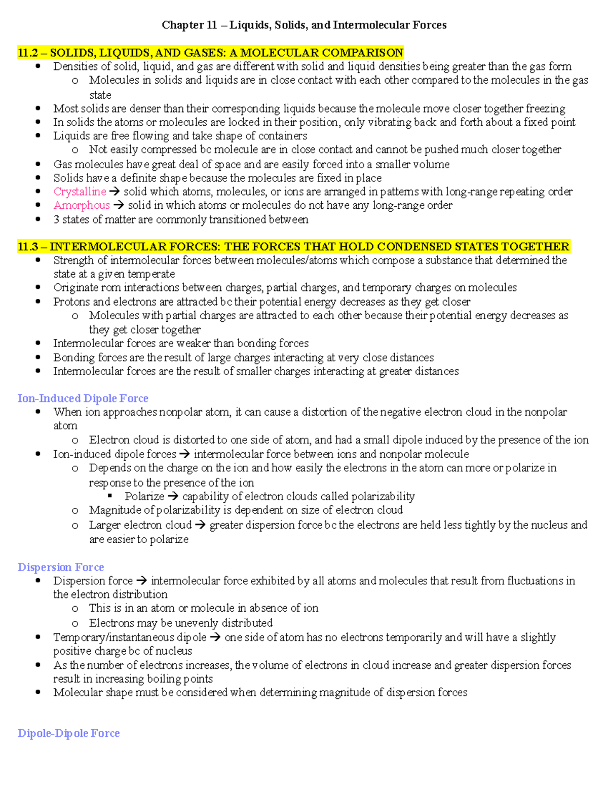 Chapter 11 notes - Chapter 11 – Liquids, Solids, and Intermolecular ...