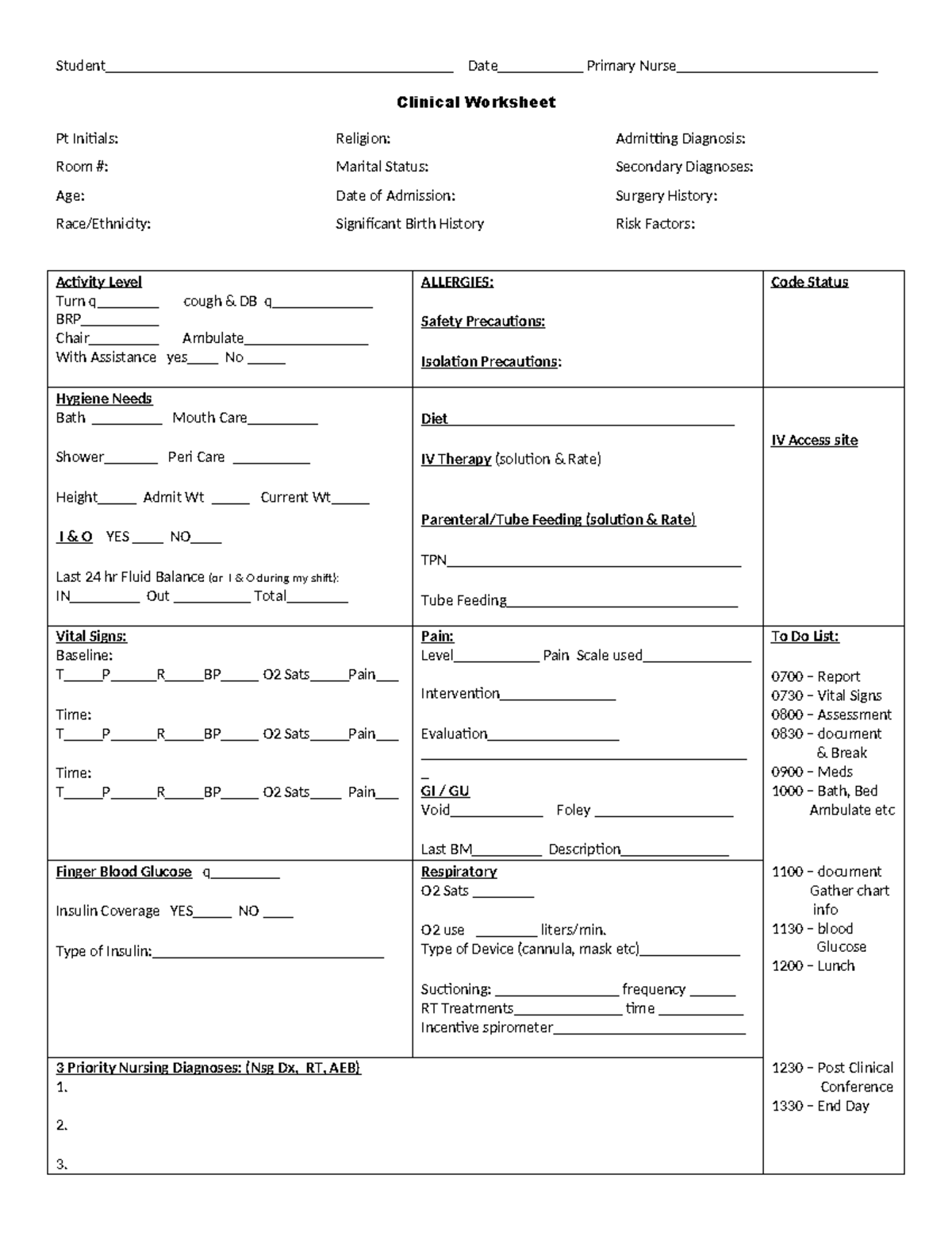 Student (brain) Clinical worksheet - Student