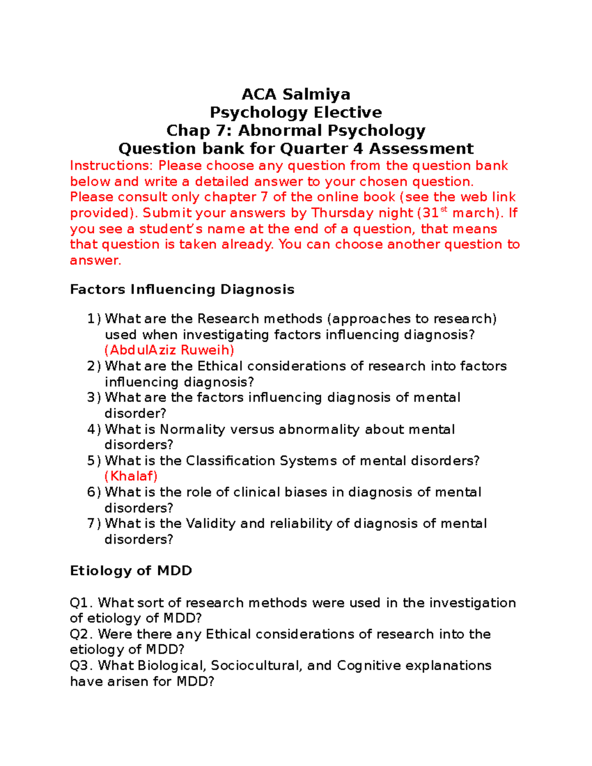 Psychology questions bank - ACA Salmiya Psychology Elective Chap 7 ...