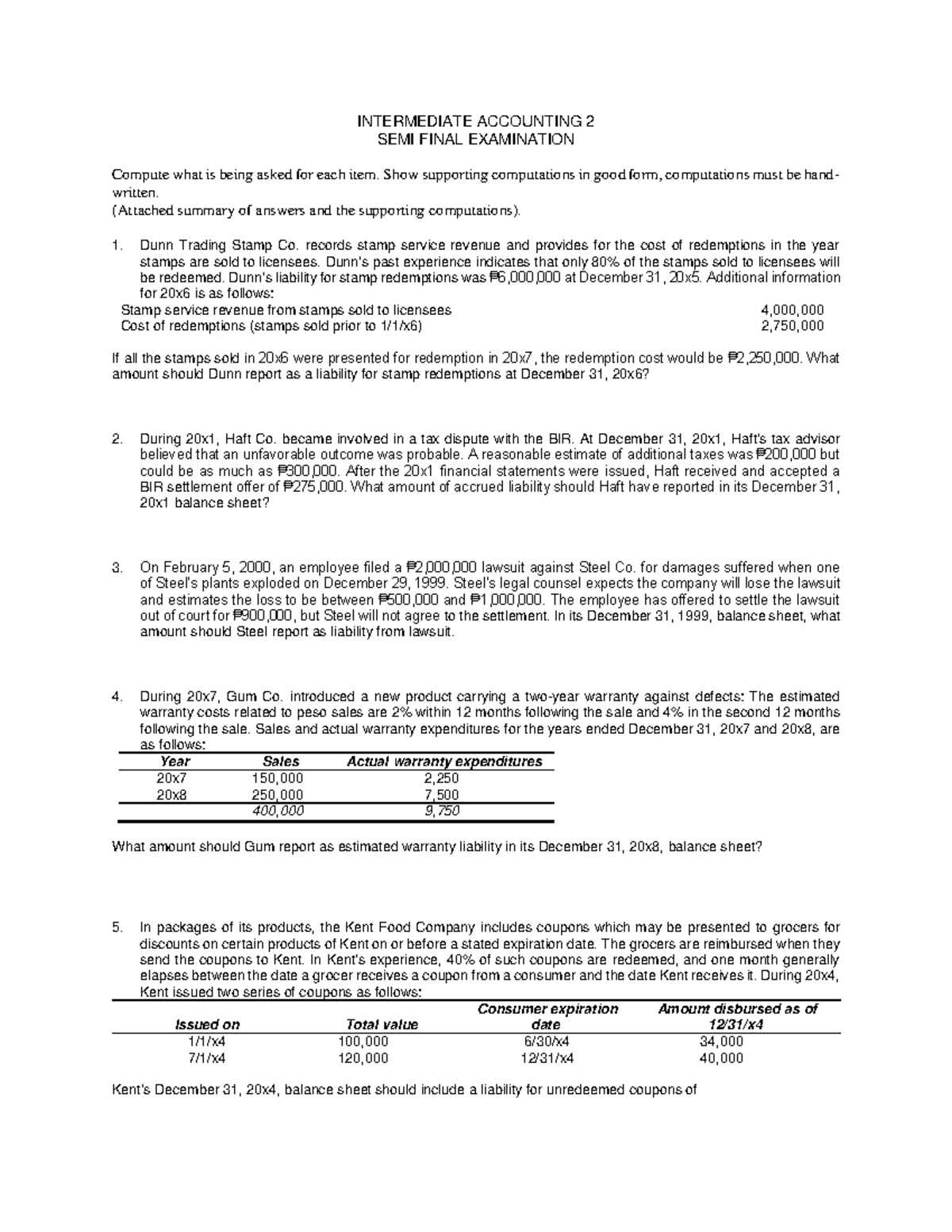 Intermediate acctg 2 exam - INTERMEDIATE ACCOUNTING 2 SEMI FINAL ...