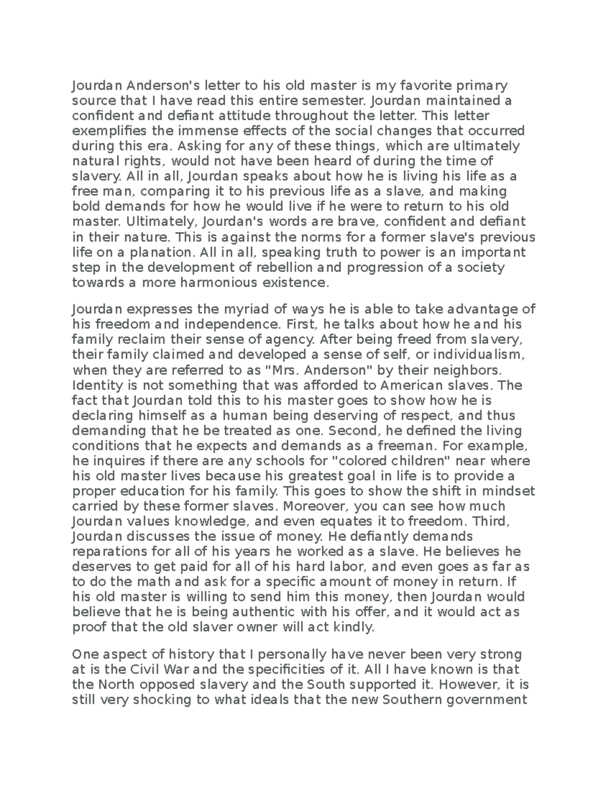 Primary Sources - In depth summaries of Jourdan Anderson's letter to ...