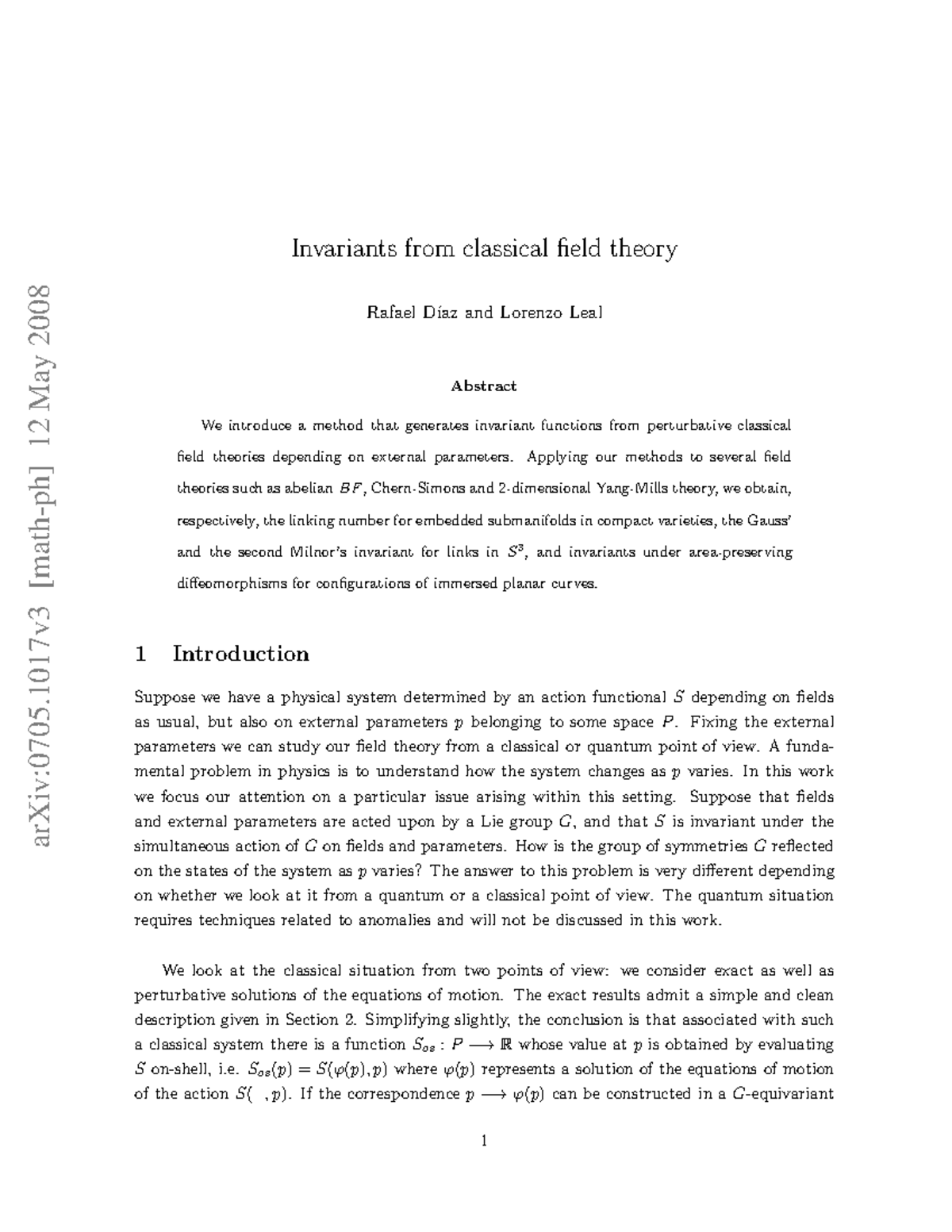 0705 - Cours - arXiv:0705 [math-ph] 12 May 2008 Invariants from classical field theory Rafael D ...
