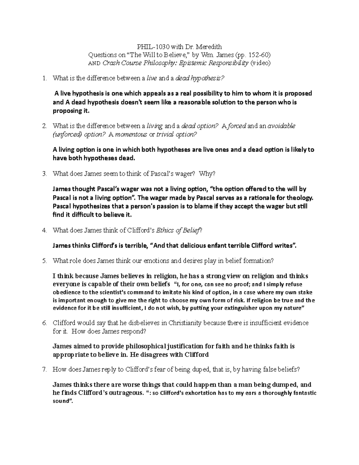 James questions - PHIL-1030 with Dr. Meredith Questions on “The Will to ...