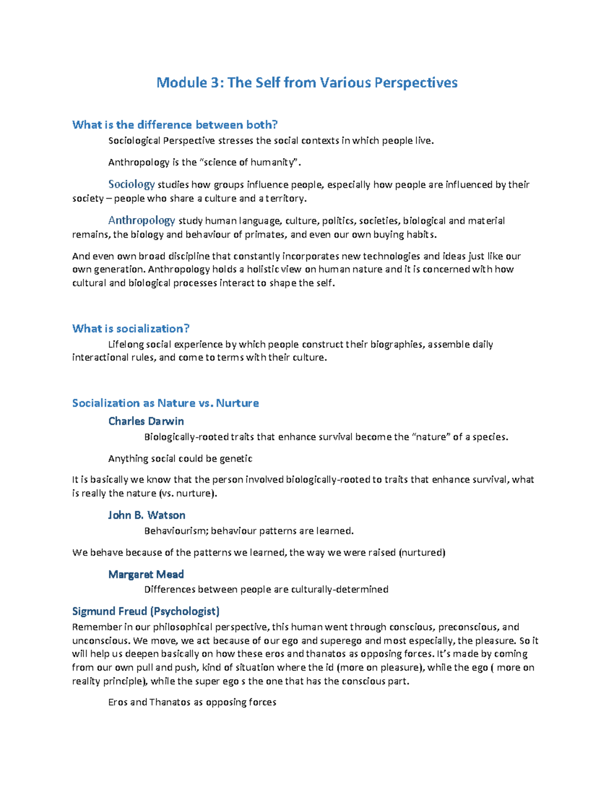 Psychology of the Self Notes (Part 2) - Module 3: The Self from Various ...