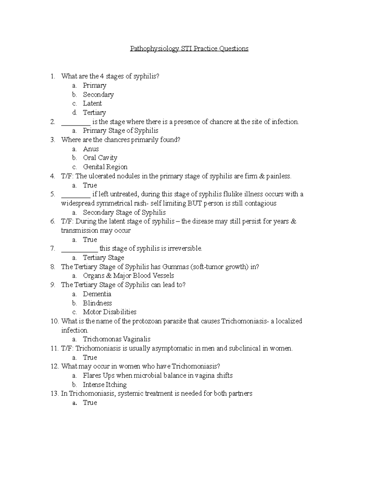 Pathophysiology STI Practice Questions Final Review - Pathophysiology ...