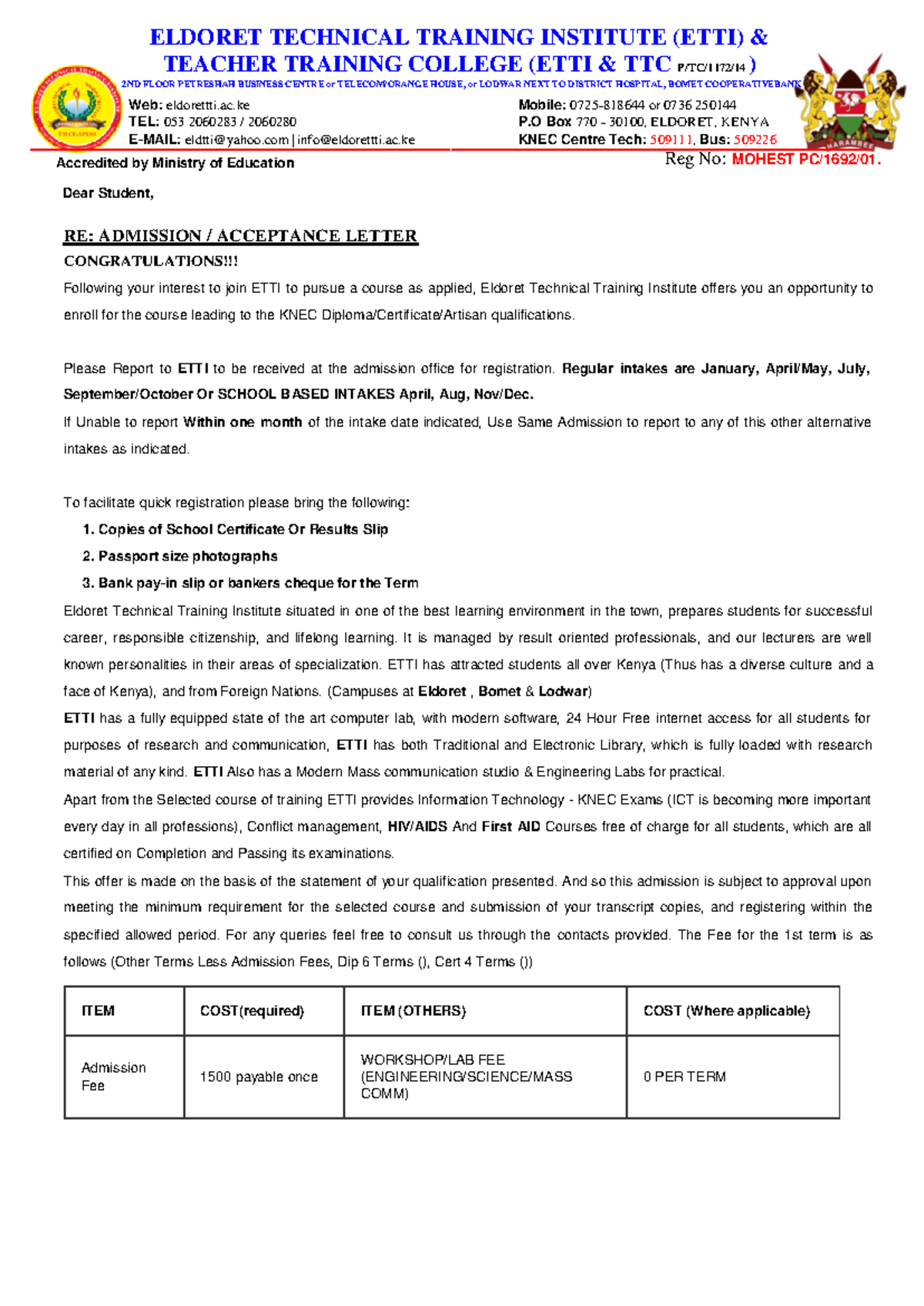 Student-Admission-Form - ELDORET TECHNICAL TRAINING INSTITUTE (ETTI ...