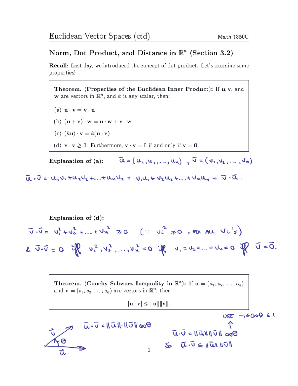 1850 Lecture 9 Mihai - Euclidean Vector Spaces (ctd) Math 1850U Norm, Dot Product, and Distance ...