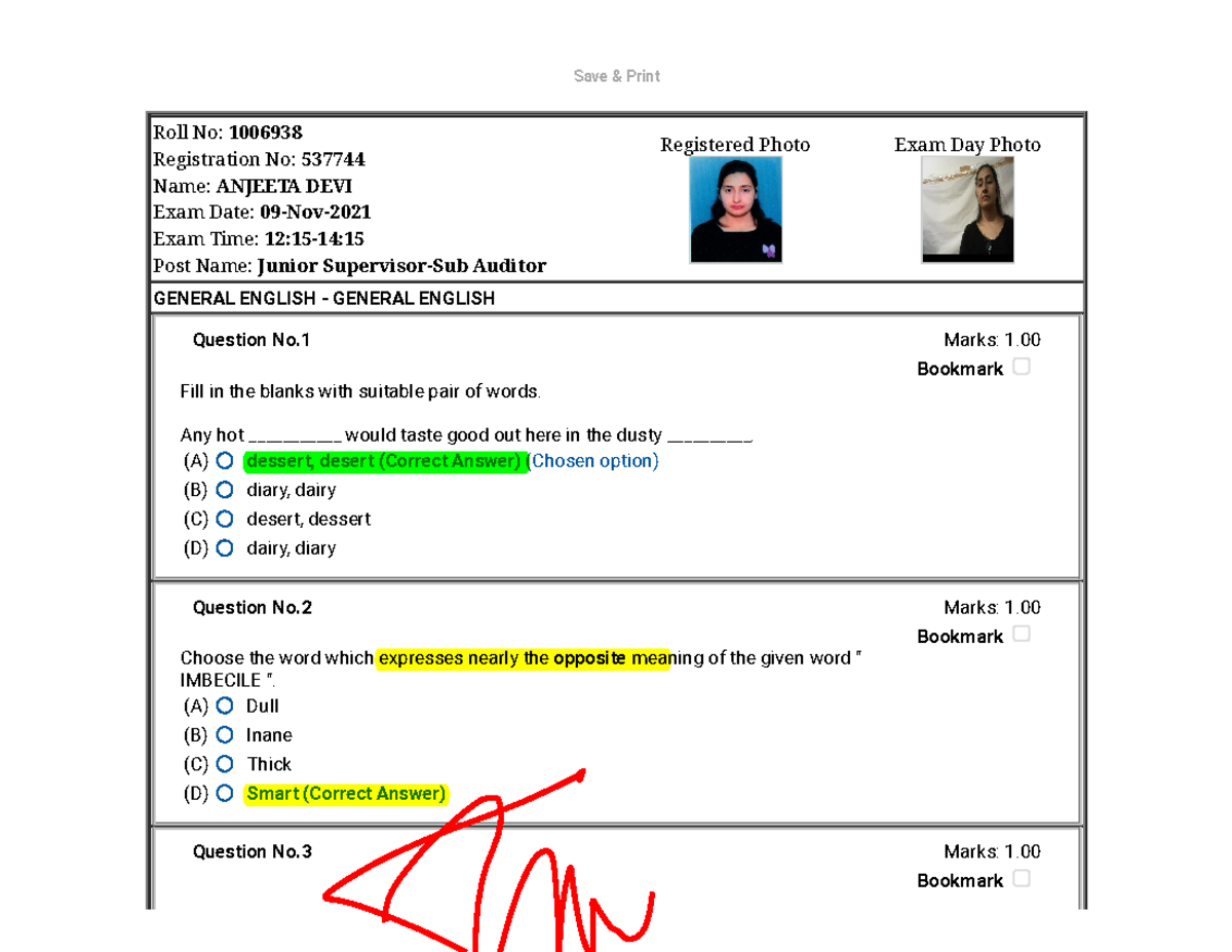 Junior Supervisor Sub Auditor 1 - Save & Print Roll No: 1006938 ...