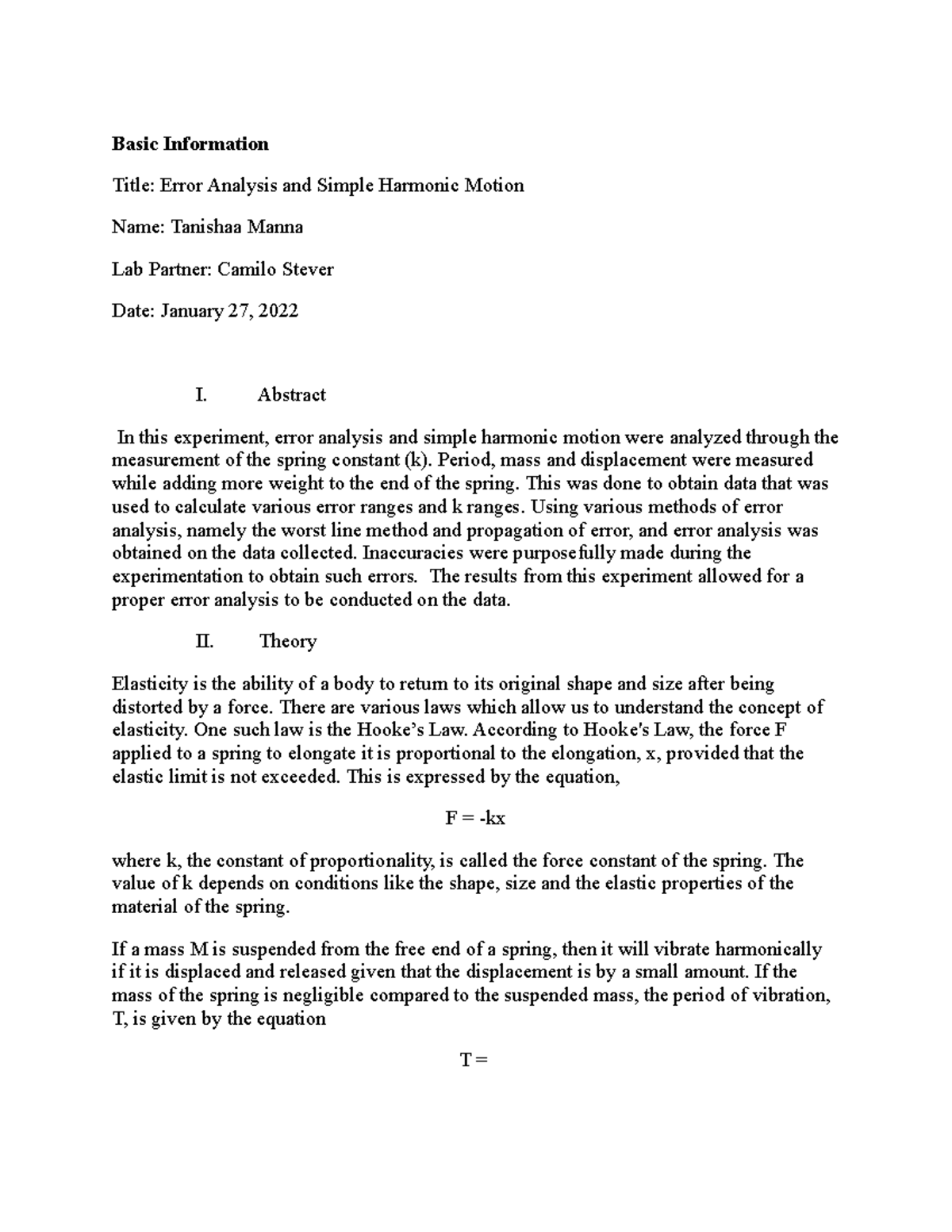 Manna Error Analysis and Simple Harmonic Motion of a Spring postlab - Basic Information Title ...