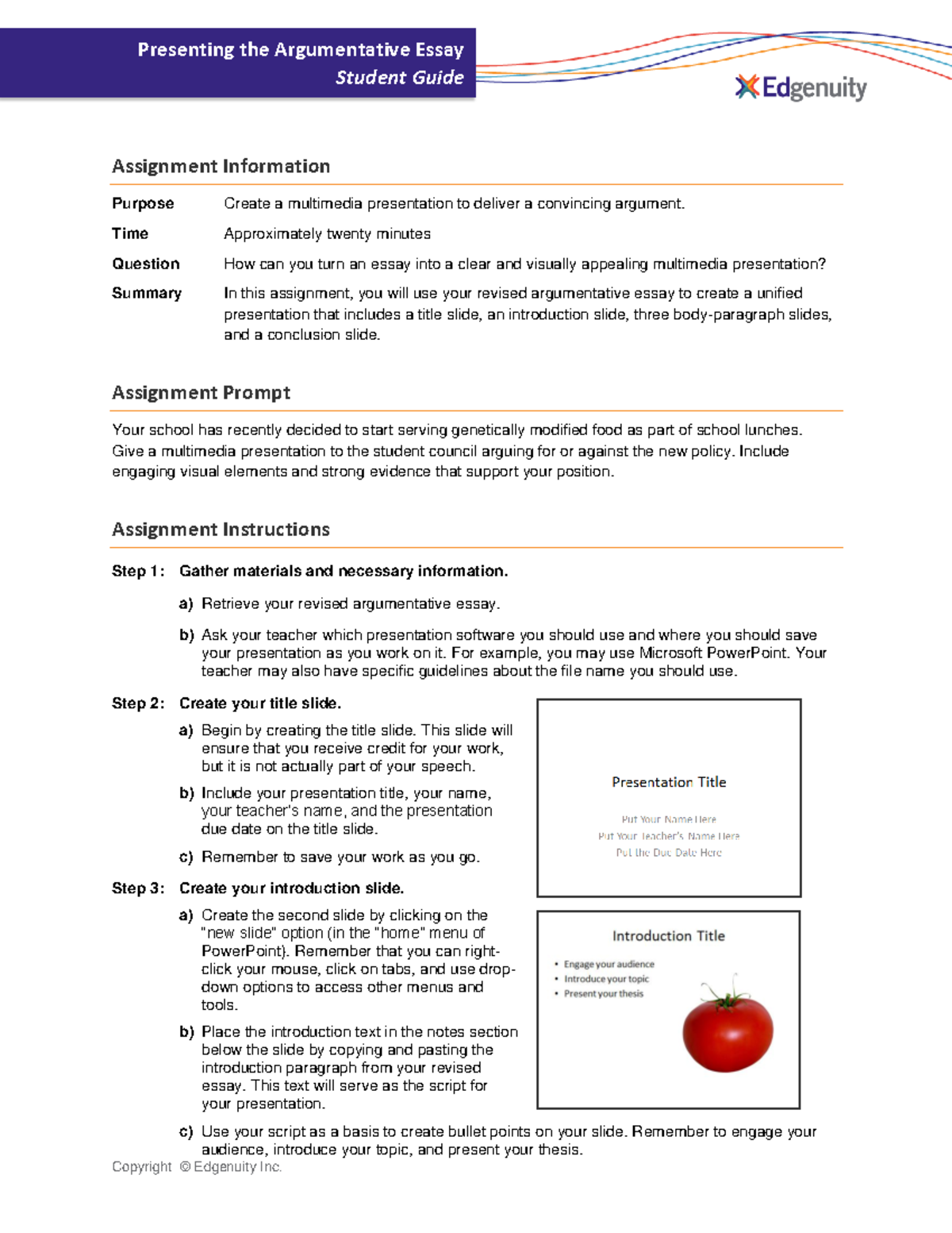 Presentation Student and Teacher Guide - Presenting the Argumentative ...