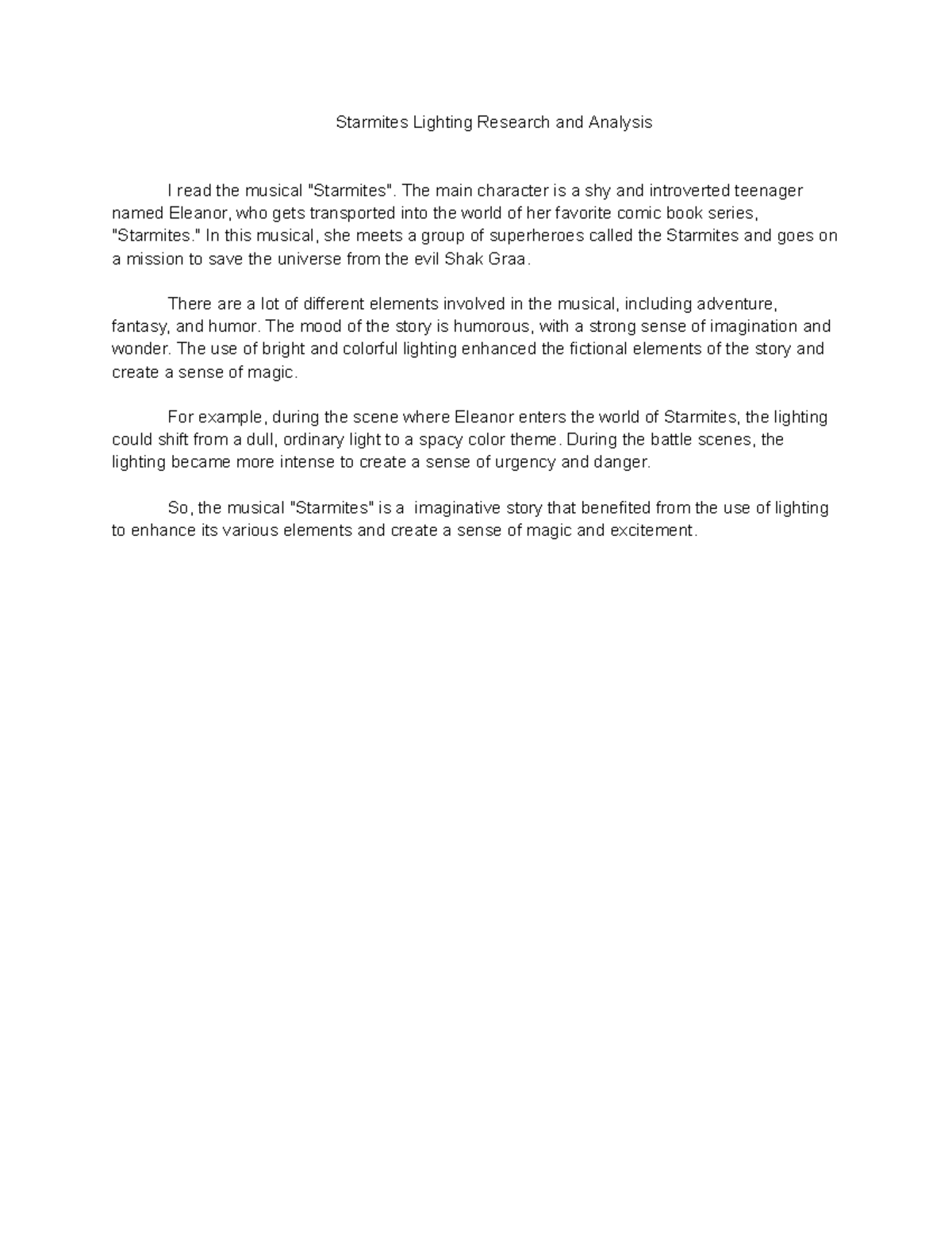 Starmites Lighting Research and Analysis - The main character is a shy ...