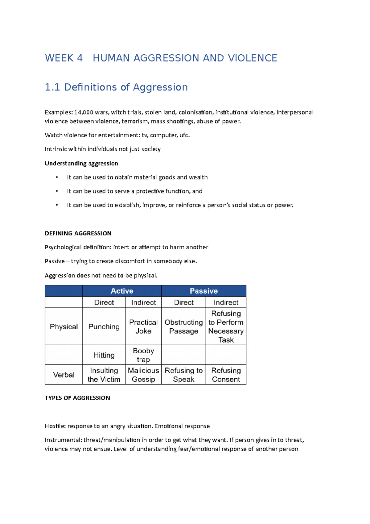 Lecture 4 Notes Human Aggression AND Violence - WEEK 4 HUMAN AGGRESSION ...