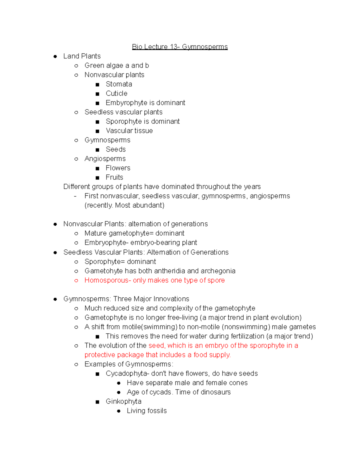 Lecture 13 Notes- Eukarya - Bio Lecture 13- Gymnosperms Land Plants ...