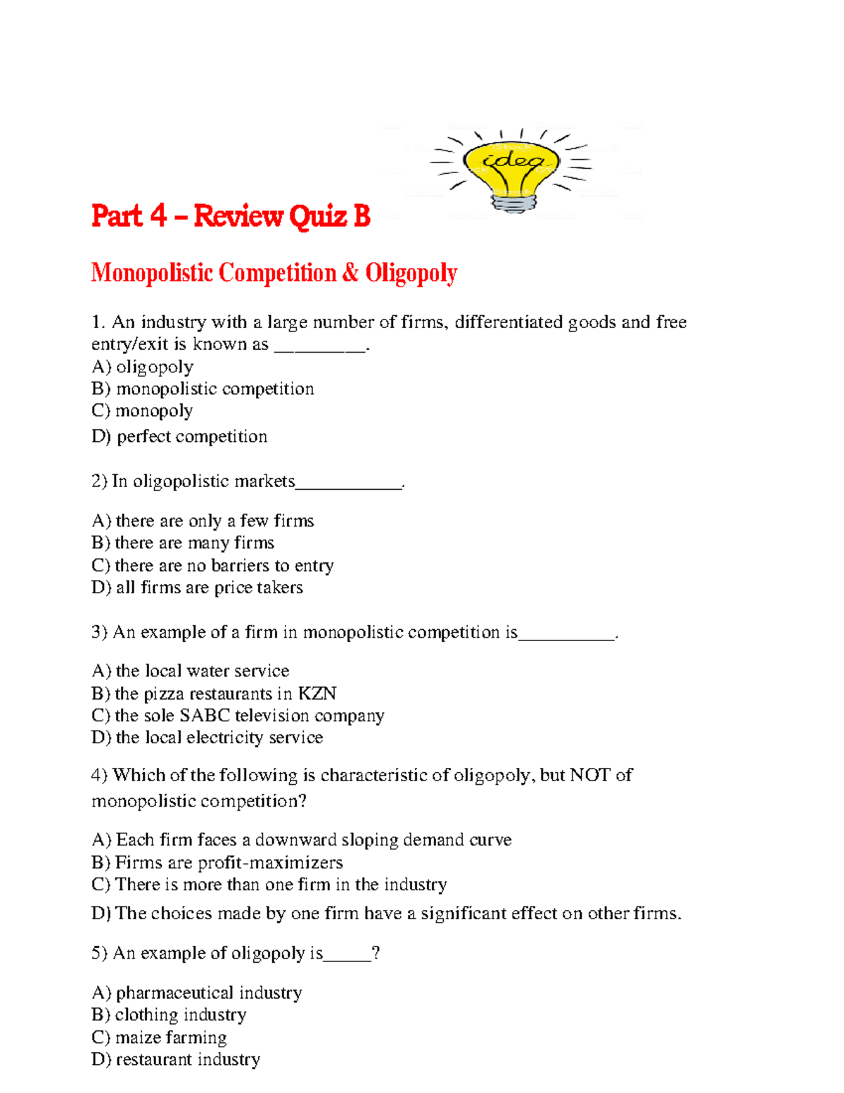 exams question papees - Part 4 – Review Quiz B Monopolistic Competition ...