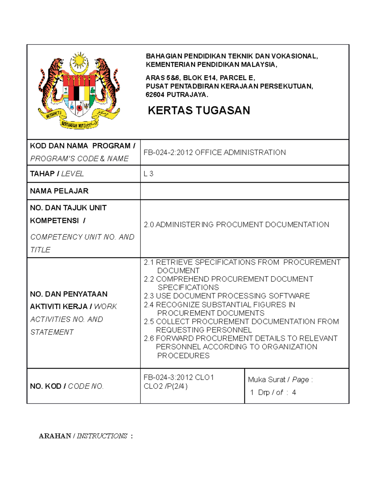 BPP3033 Tugasan 2 - TESTING DOCUMENT - KOD DAN NAMA PROGRAM / PROGRAM’S ...