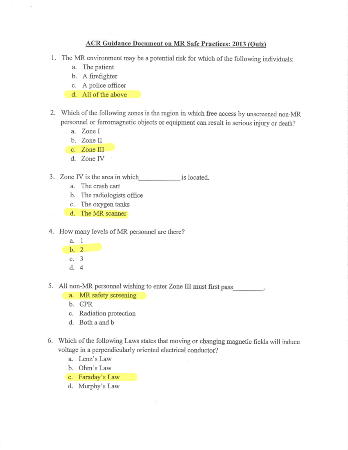 MRI QUIZ ANSWERS - ACR Guidance Document on MR Safe Practices: 2013 ...