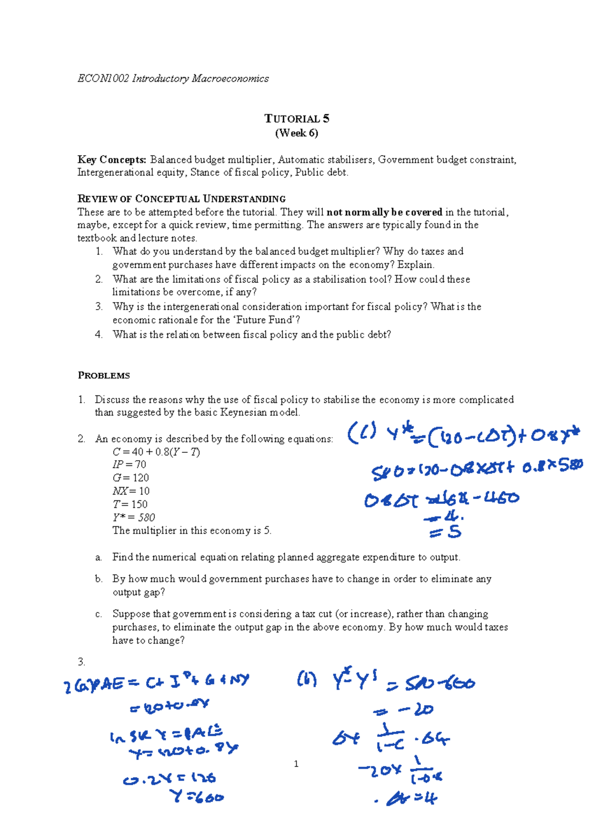 ECON1002 - Tutorial 5 with Solutions - ECON1002 Introductory Macroeconomics T UTORIAL 5 (Week 6 ...