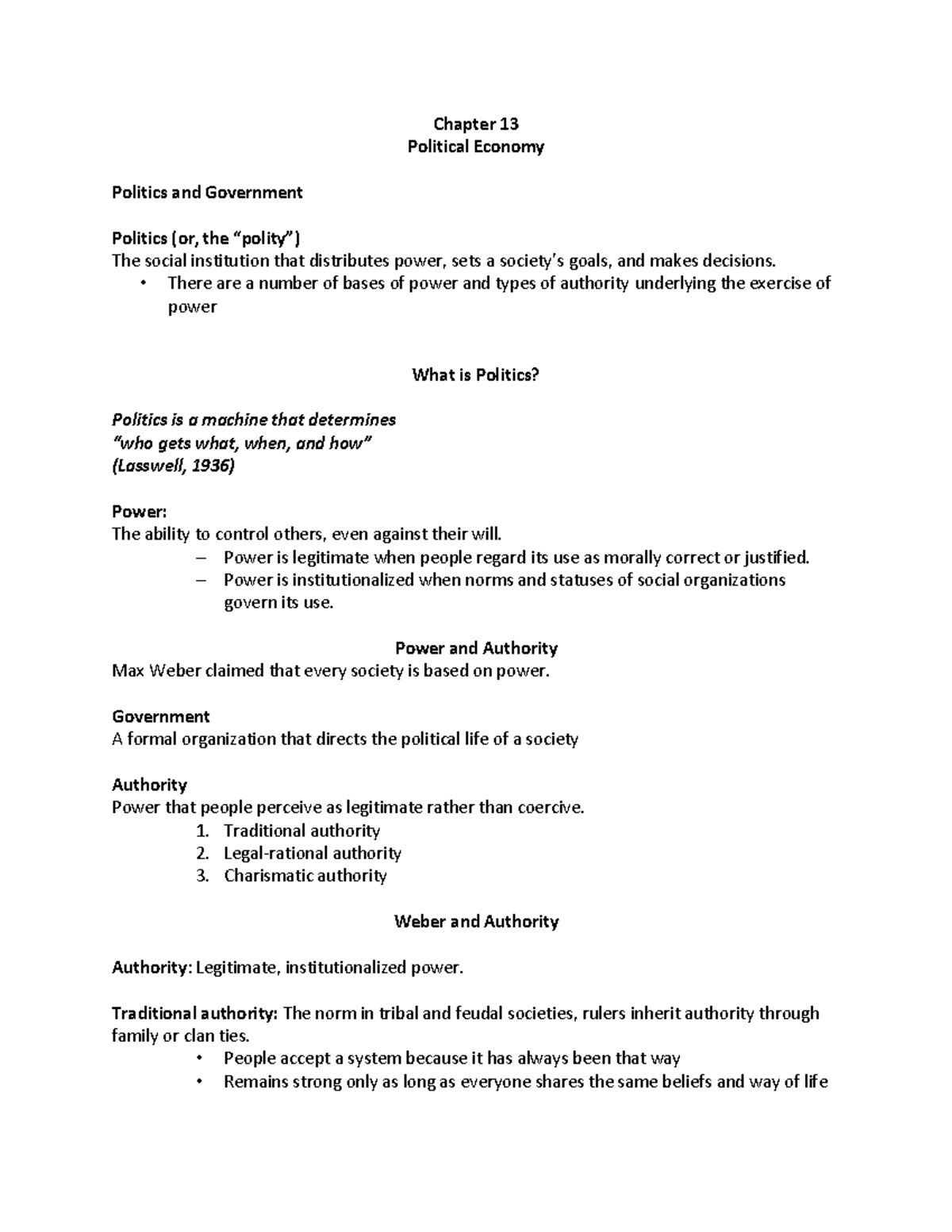 Sociology - Chapters 13-19 - Chapter 13 Political Economy Politics and ...