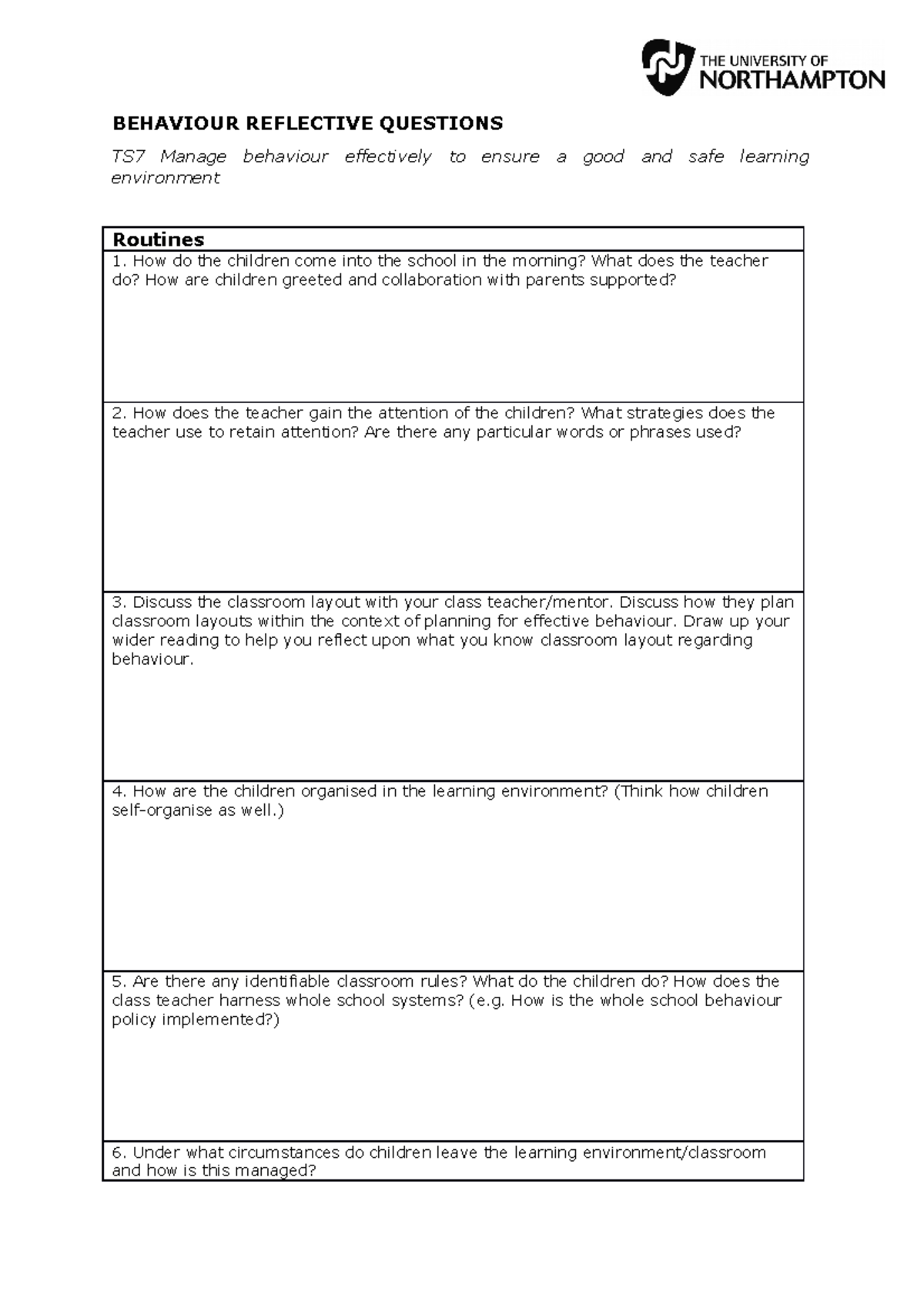 Behaviour Questions, TS7 - BEHAVIOUR REFLECTIVE QUESTIONS TS7 Manage ...