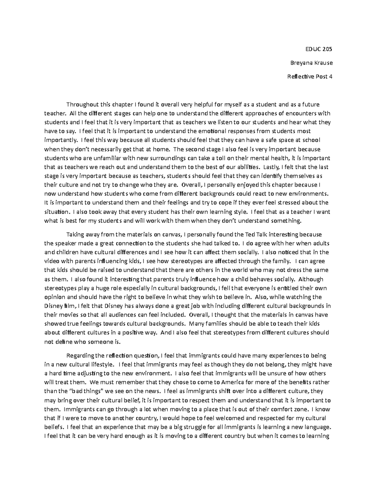 EDUC 205 Reflective Post 4 - EDUC 205 Breyana Krause Reflective Post 4 Throughout this chapter I ...