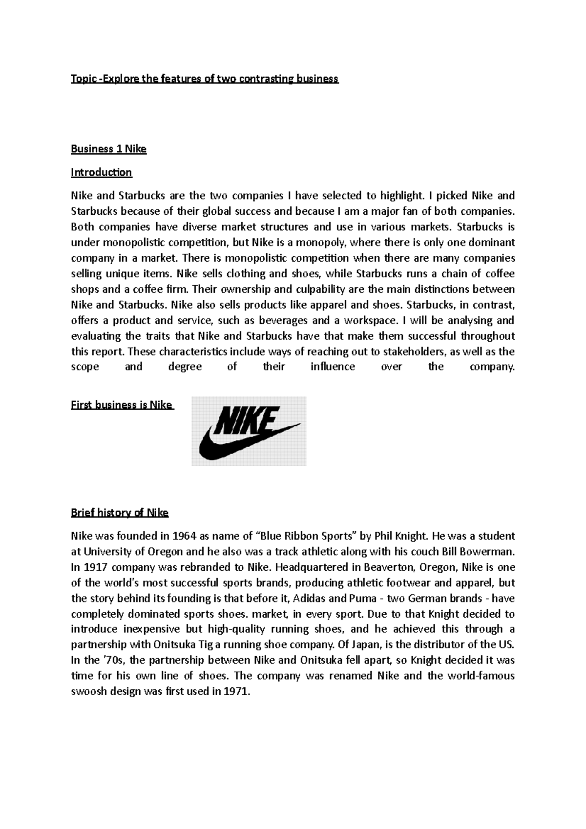 P1 Nike business BTEC Level 3 - Topic -Explore the features of two ...