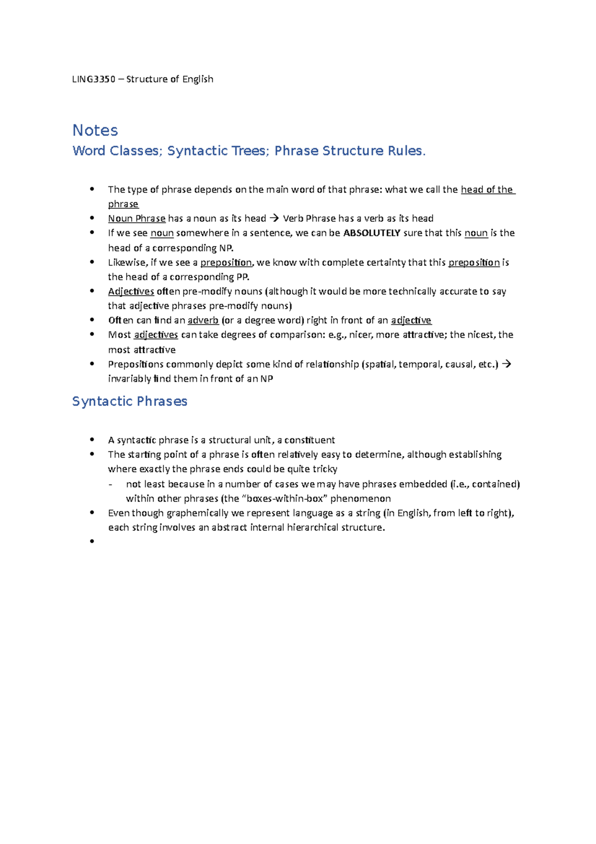 LING3350 notes - LING3350 – Structure of English Notes Word Classes ...
