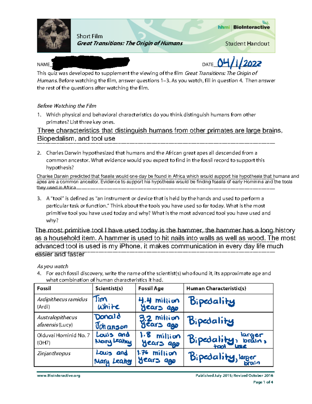 Great Transitions: The Origin of Humans Student handout - BIOL 1510 ...