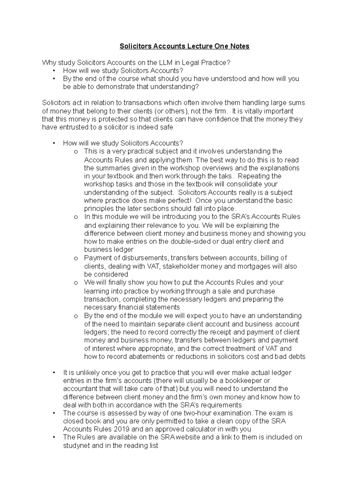 Solicitors Accounts Lecture One Notes - It is vitally important that ...