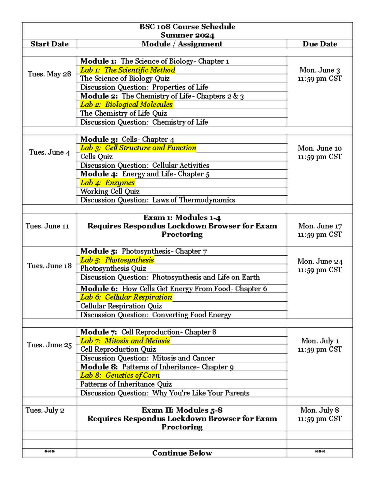 BSC 108 online schedule Summer 2024 - BSC 108 Course Schedule Summer ...