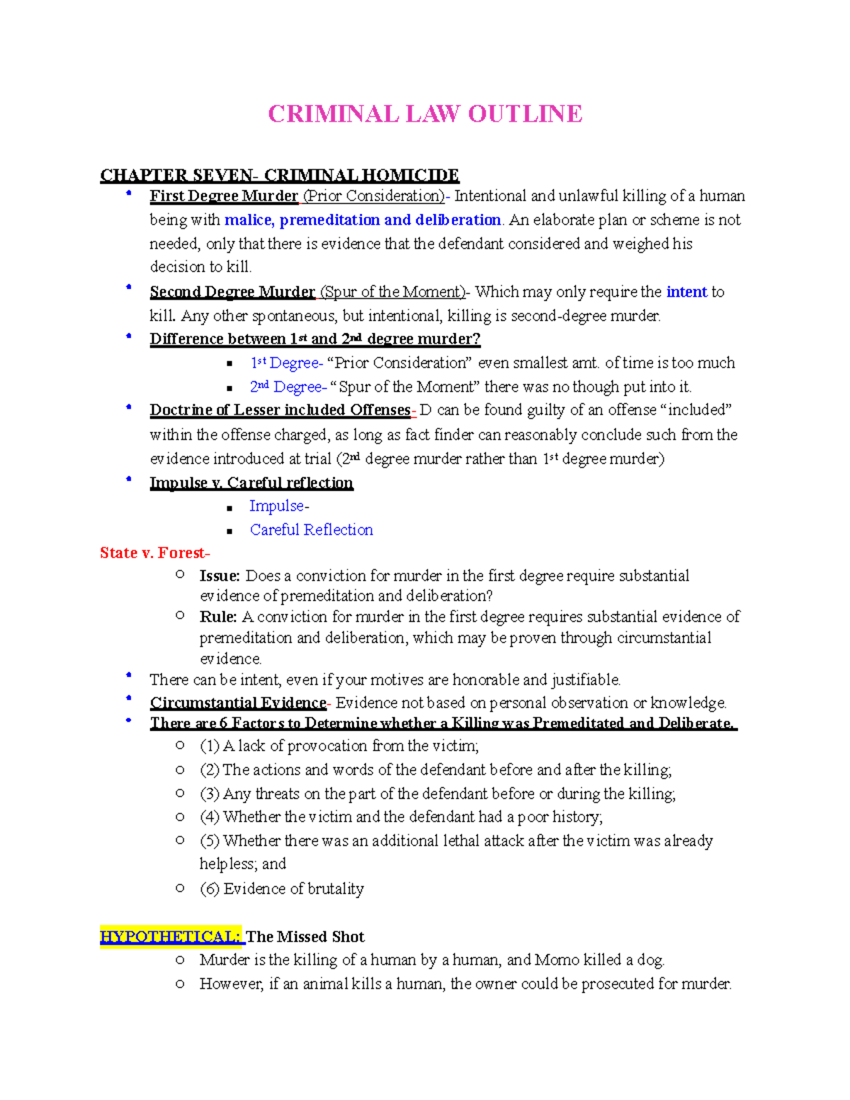 Chapter Seven- Criminal Homicide - CRIMINAL LAW OUTLINE CHAPTER SEVEN ...