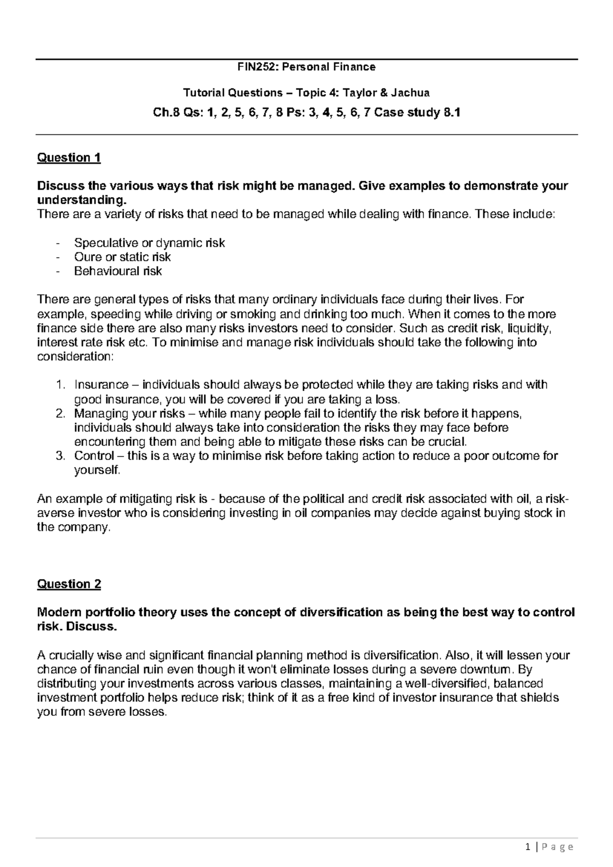 FIN252 Tutorial Topic 4 questions - 1 | P a g e FIN252: Personal Finance Tutorial Questions ...