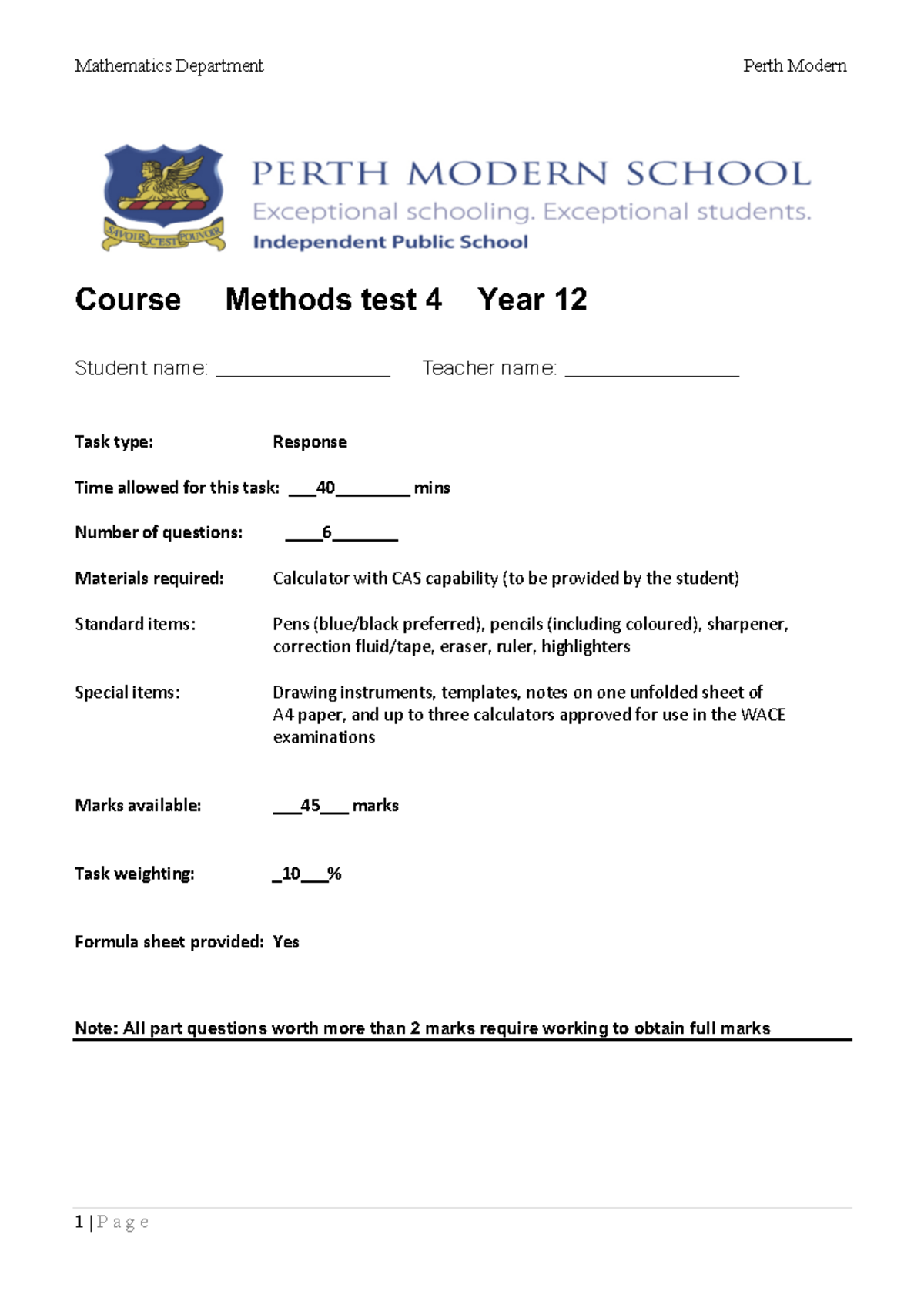 12 methods Test 4 - Course Methods test 4 Year 12 Student name ...