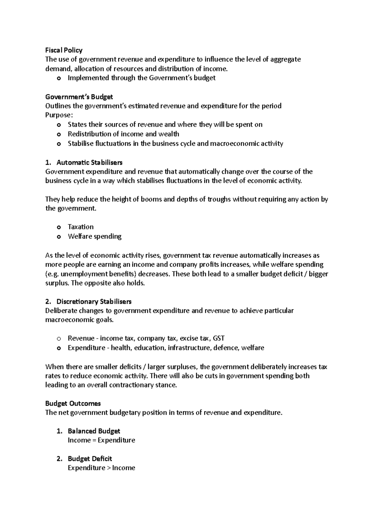Fiscal Policy Summary Notes Fiscal Policy The Use Of Government 