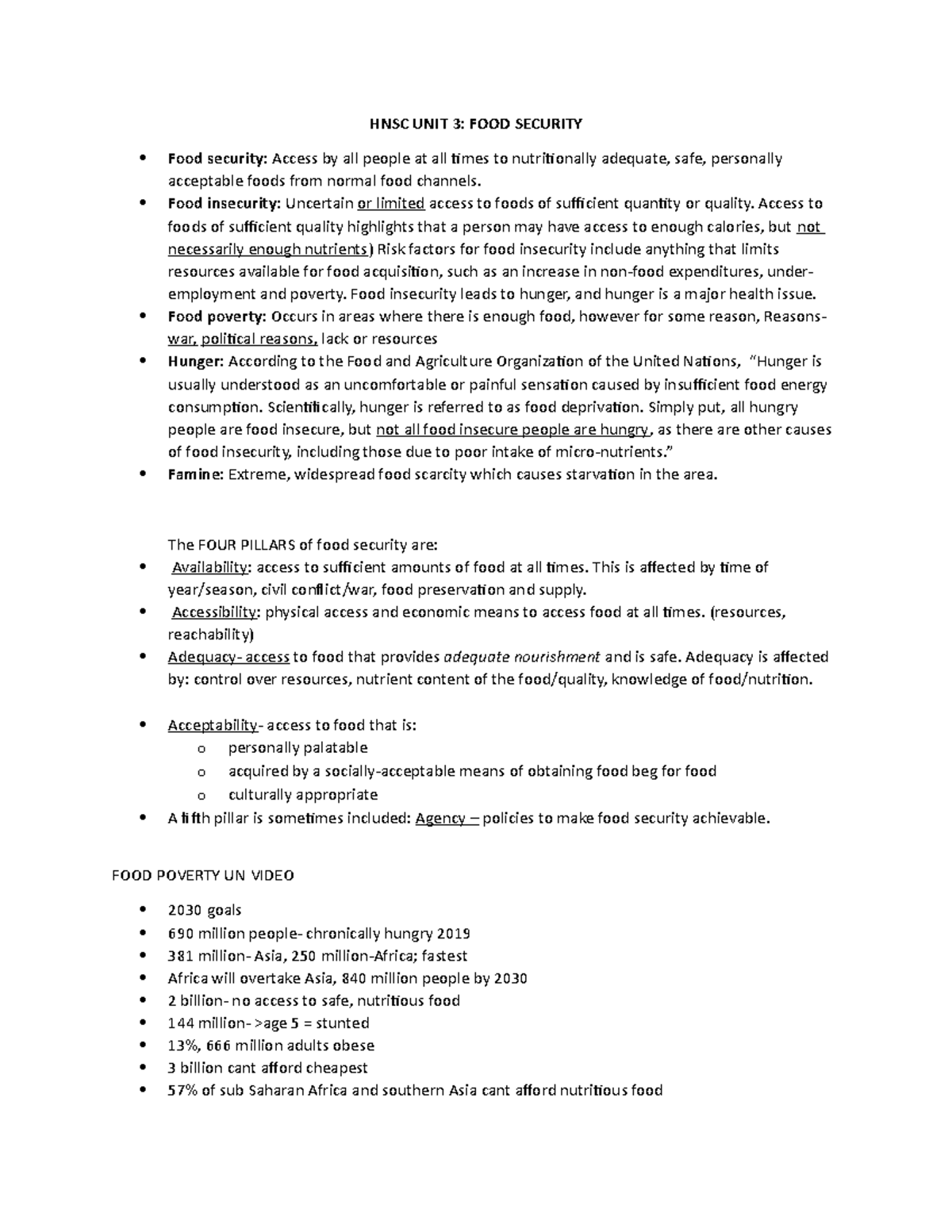 HNSC UNIT 3 - Notes unit 3 - HNSC UNIT 3: FOOD SECURITY Food security ...