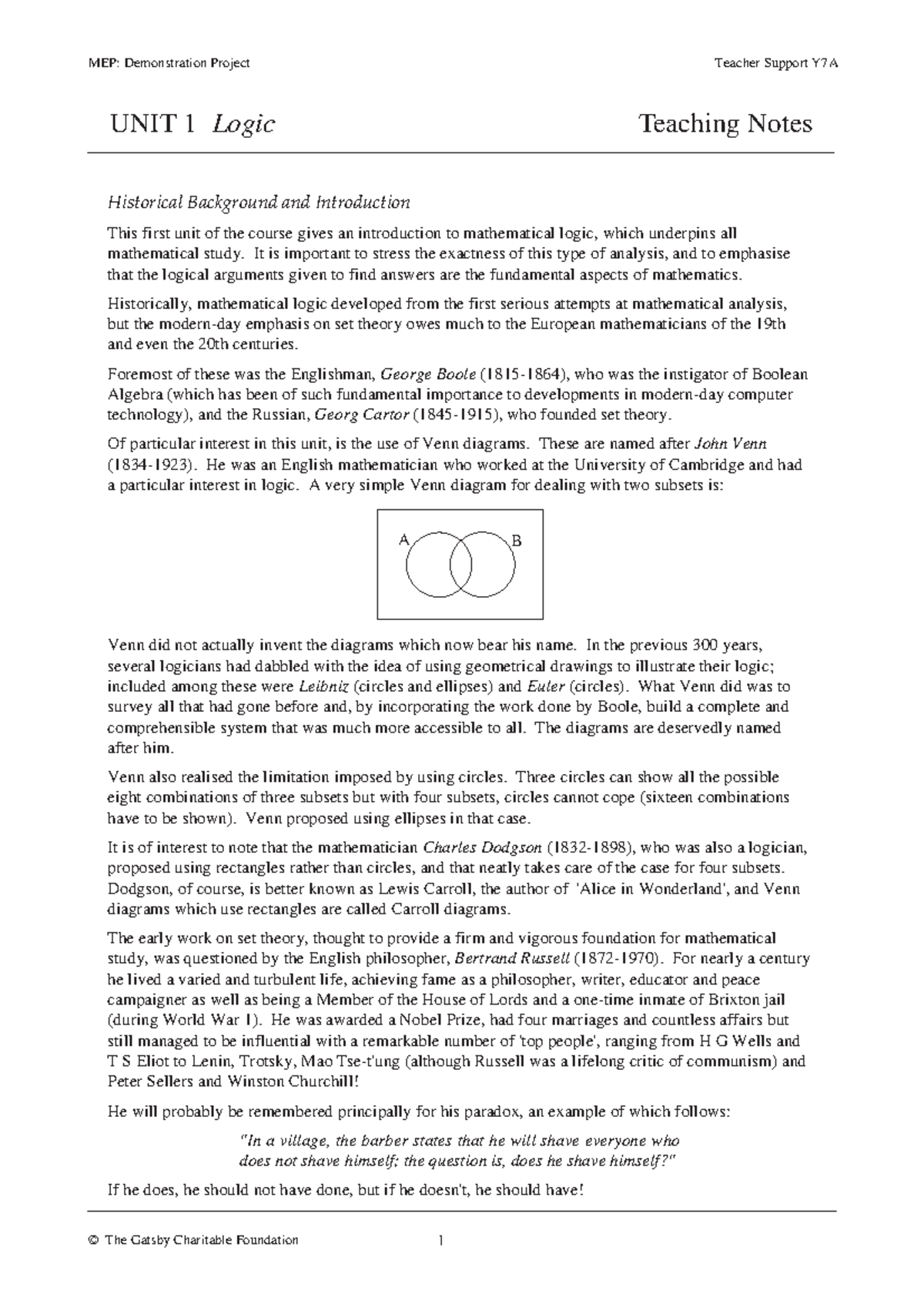 Unit 1 teaching notes - MEP: Demonstration Project Teacher Support Y7A ...