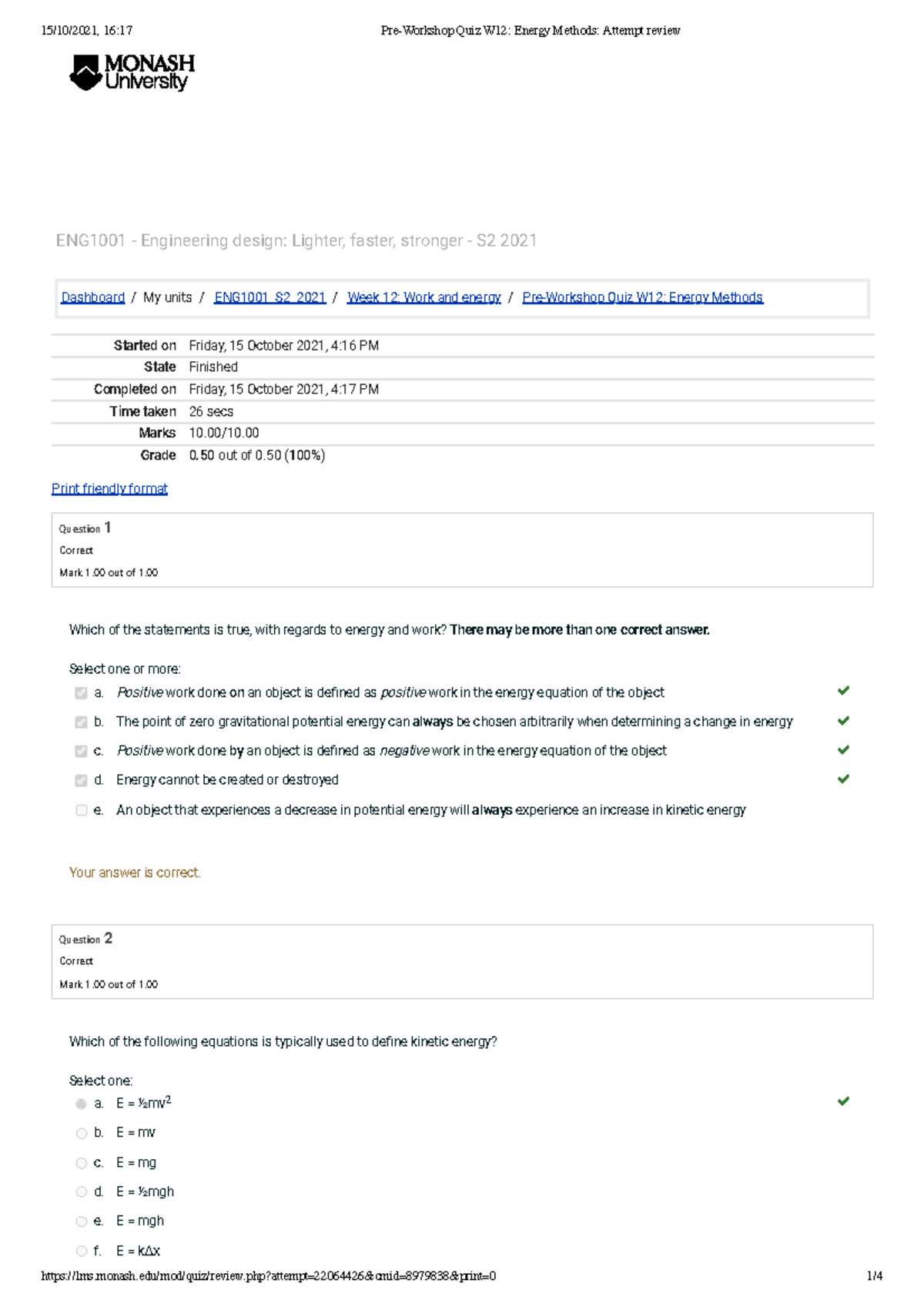 Pre-Workshop Quiz W12 Energy Methods Attempt review - Dashboard/My ...
