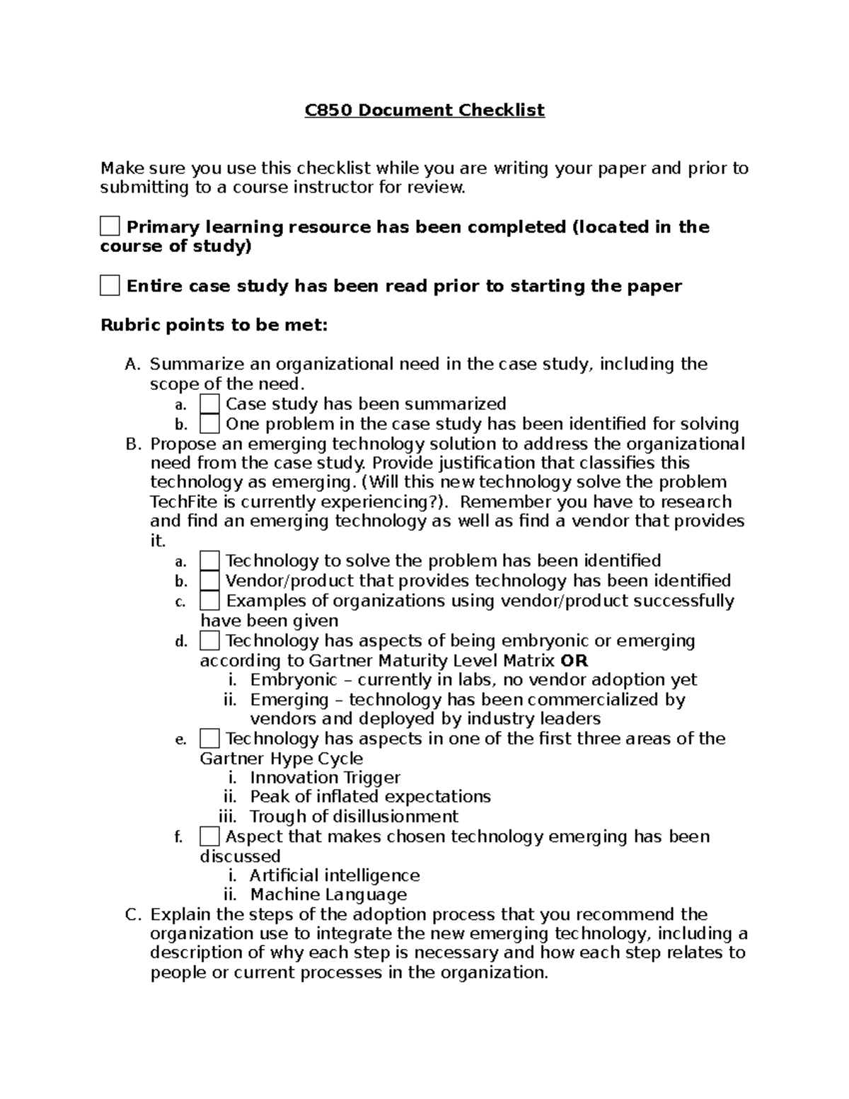 C850 Document Checklist - ITEC 2950 - WGU - Studocu