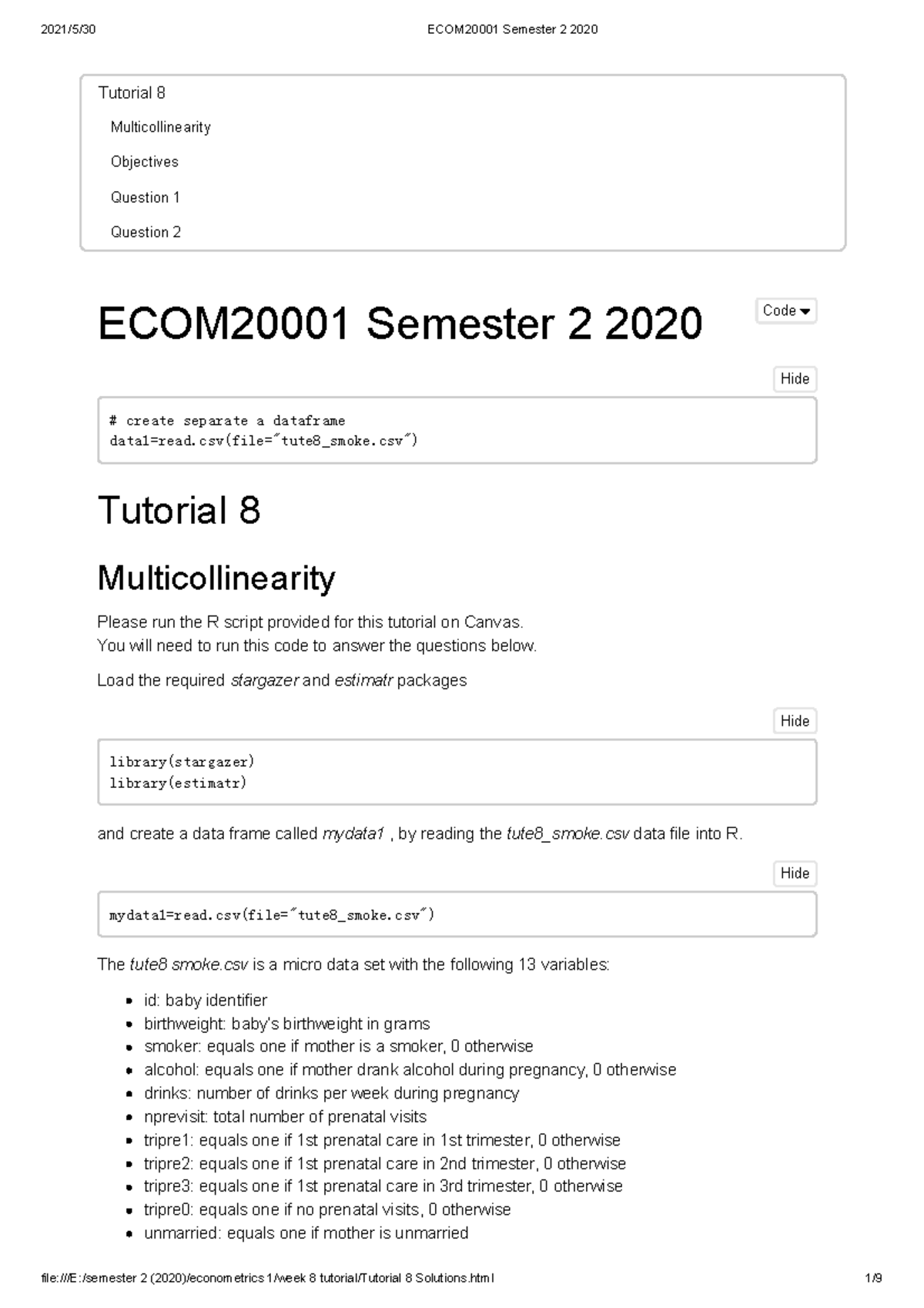 ECOM2000 1 week 8 tut summary notes - Tutorial 8 Multicollinearity ...