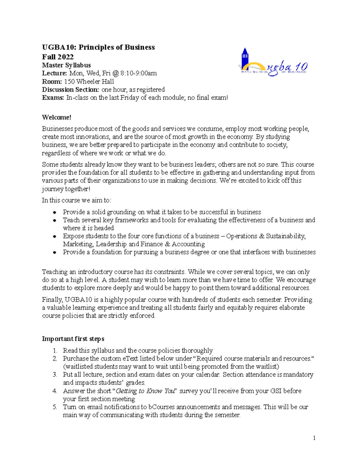 UGBA 10 Syllabus - UGBA10: Principles of Business Fall 2022 Master ...