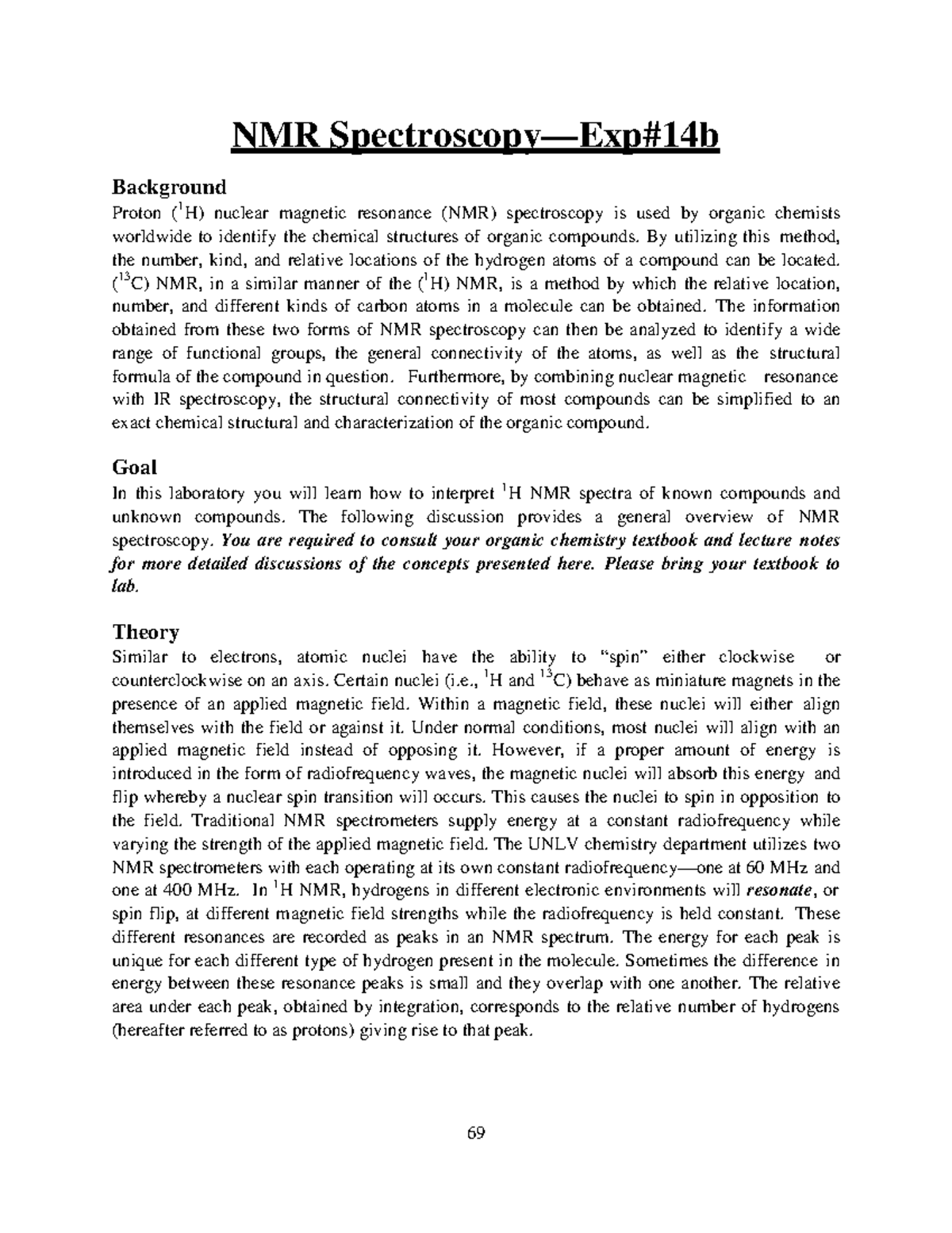 NMR Lab manual - NMR Spectroscopy—Exp#14b Background Proton ( 1 H ...