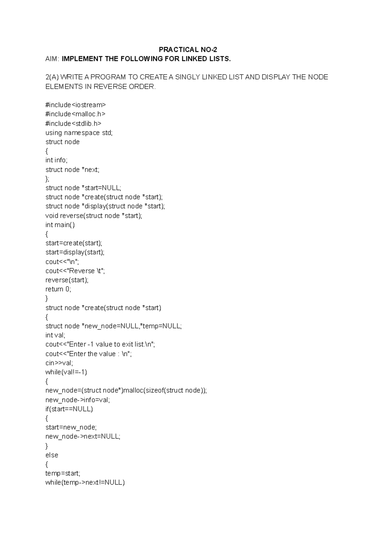 Data structure practical 2 - PRACTICAL NO- AIM: IMPLEMENT THE FOLLOWING FOR LINKED LISTS. 2(A ...